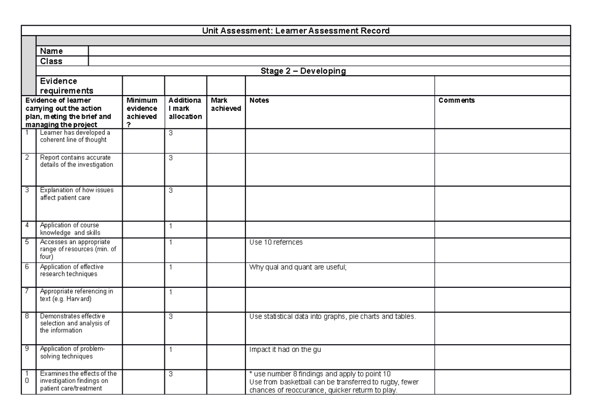 Developing stage student version - Unit Assessment: Learner Assessment ...