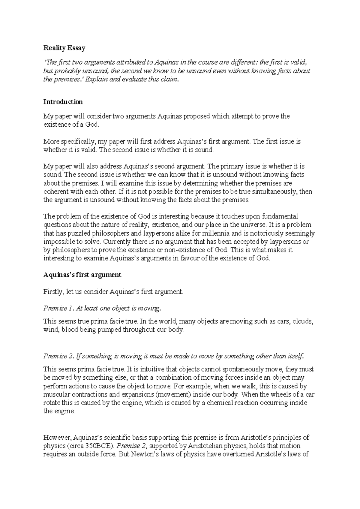 Reality Essay - Reality Essay ‘The first two arguments attributed to ...