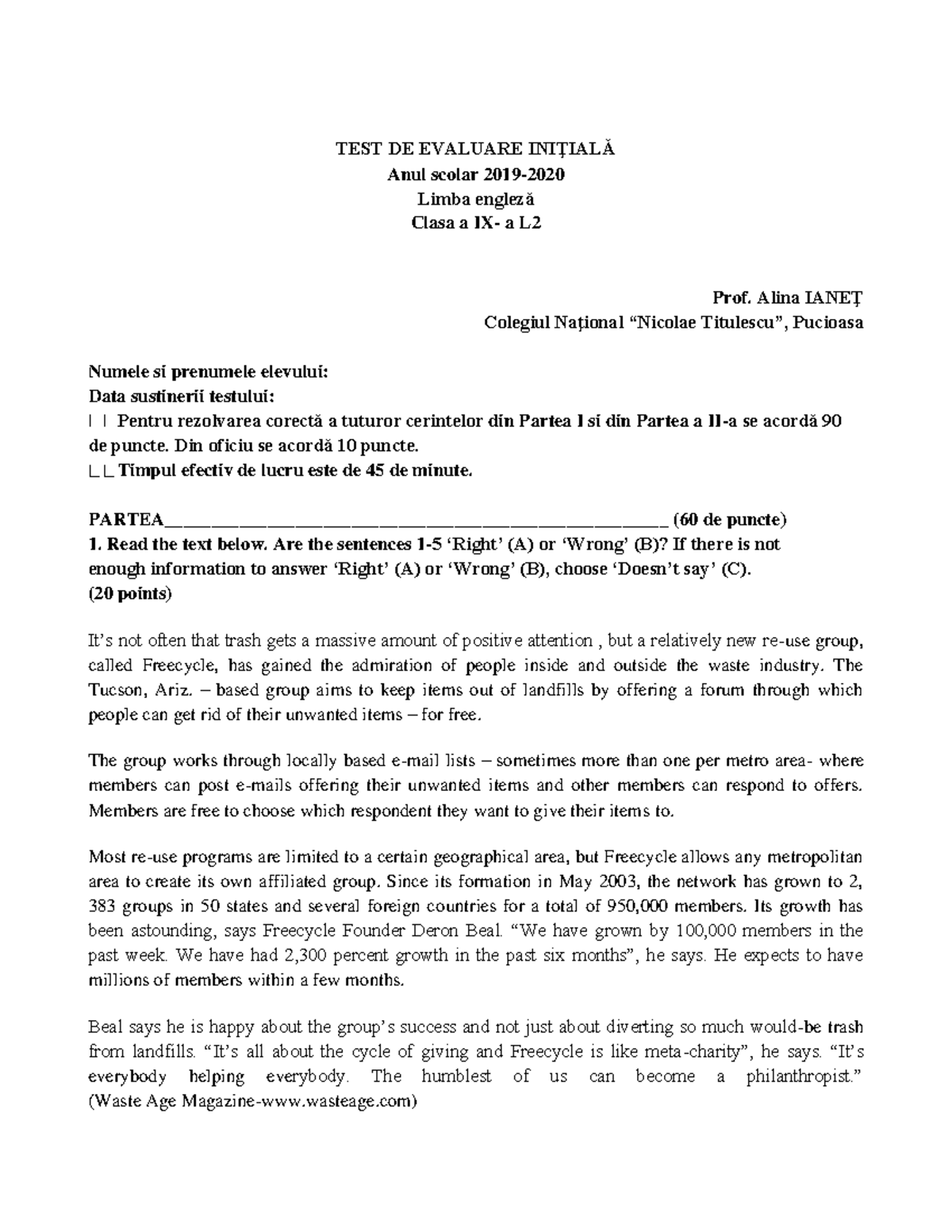 Ianet Alina TEST Evaluare Initiala - TEST DE EVALUARE INIŢIALĂ Anul ...