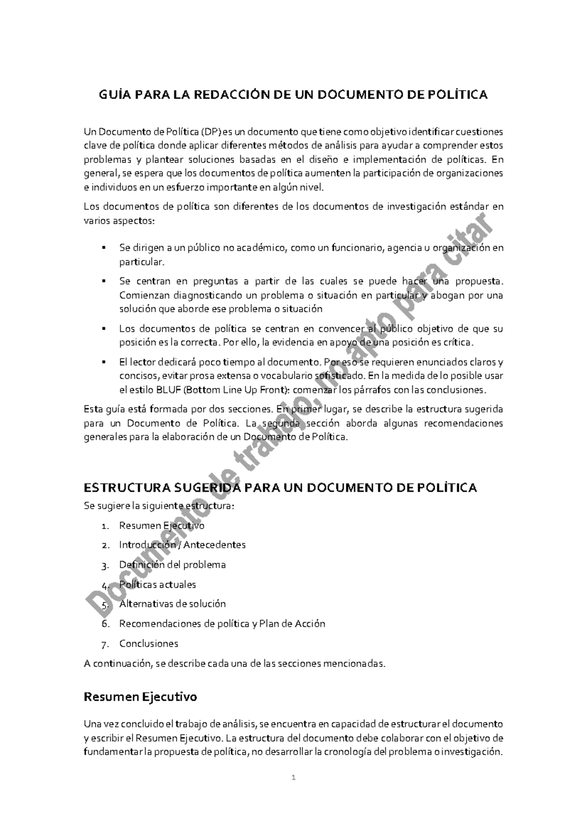 Guía para la redacción de un Documento de Política - GUÍA PARA LA REDACCIÓN DE UN DOCUMENTO DE ...