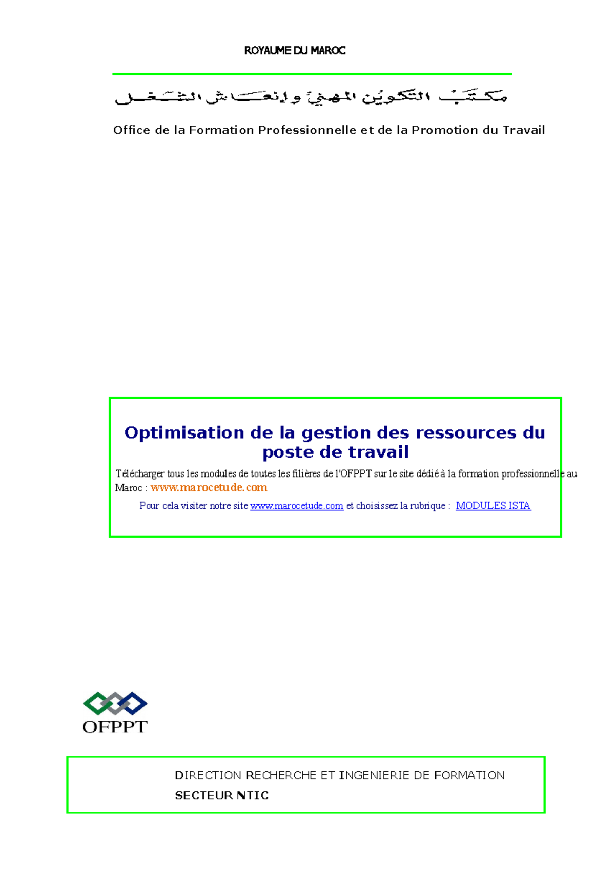 Optimisation de la gestion des ressources du poste de travail - ROYAUME DU MAROC Office de la ...