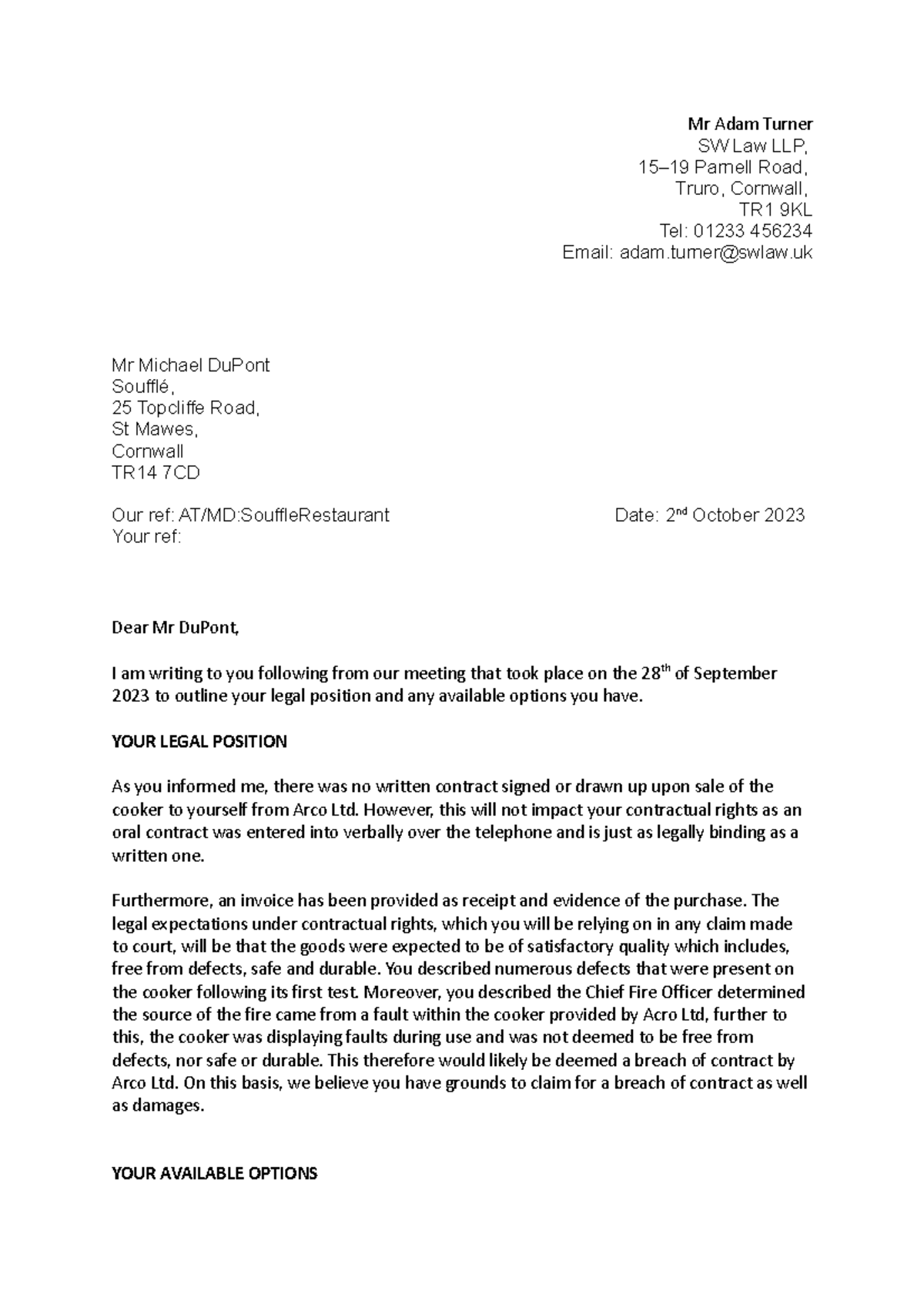 Draft Mock Answer Pass Mr Adam Turner Sw Law Llp 1519 Parnell Road Truro Cornwall Tr1 