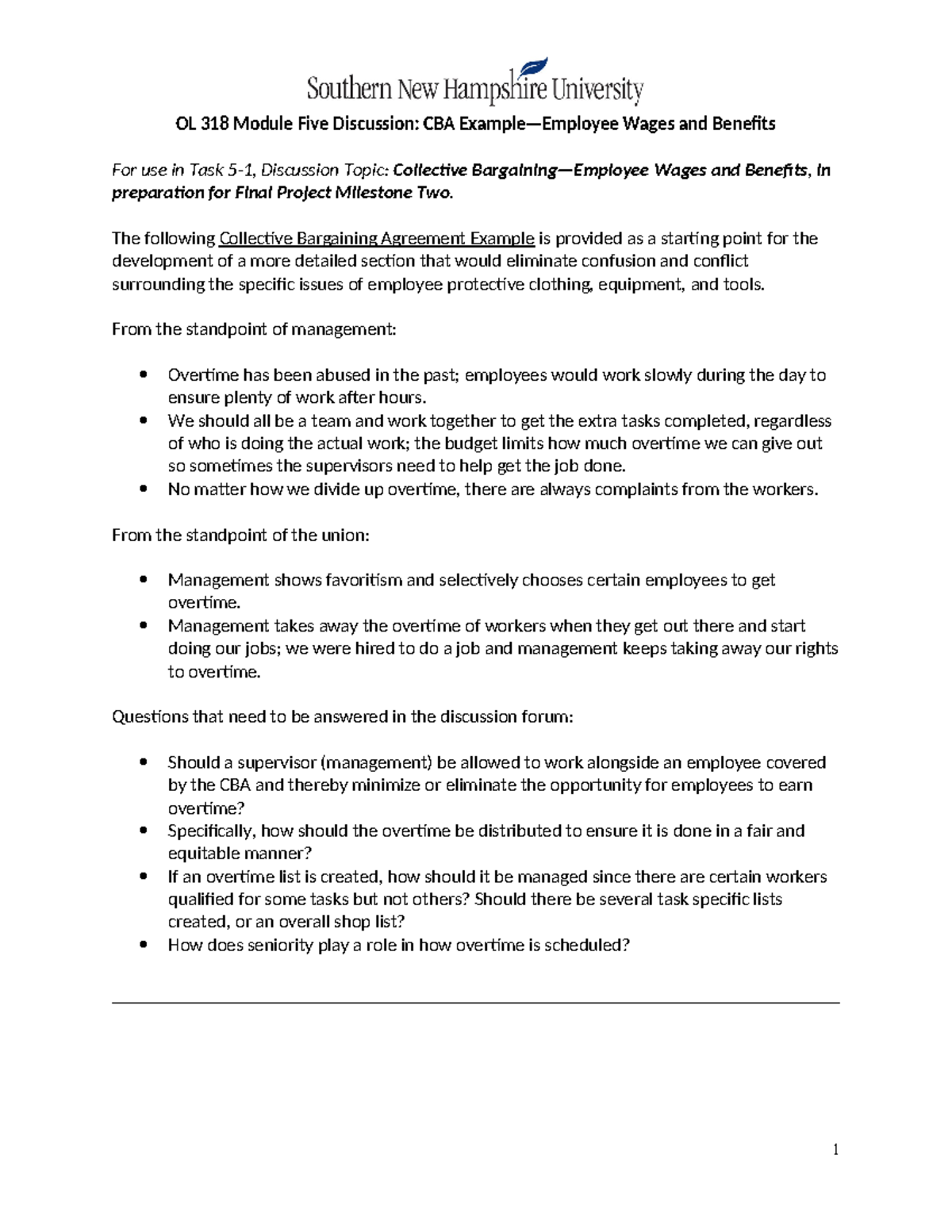 Ol 318 cba example wages and benefits - OL 318 Module Five Discussion ...