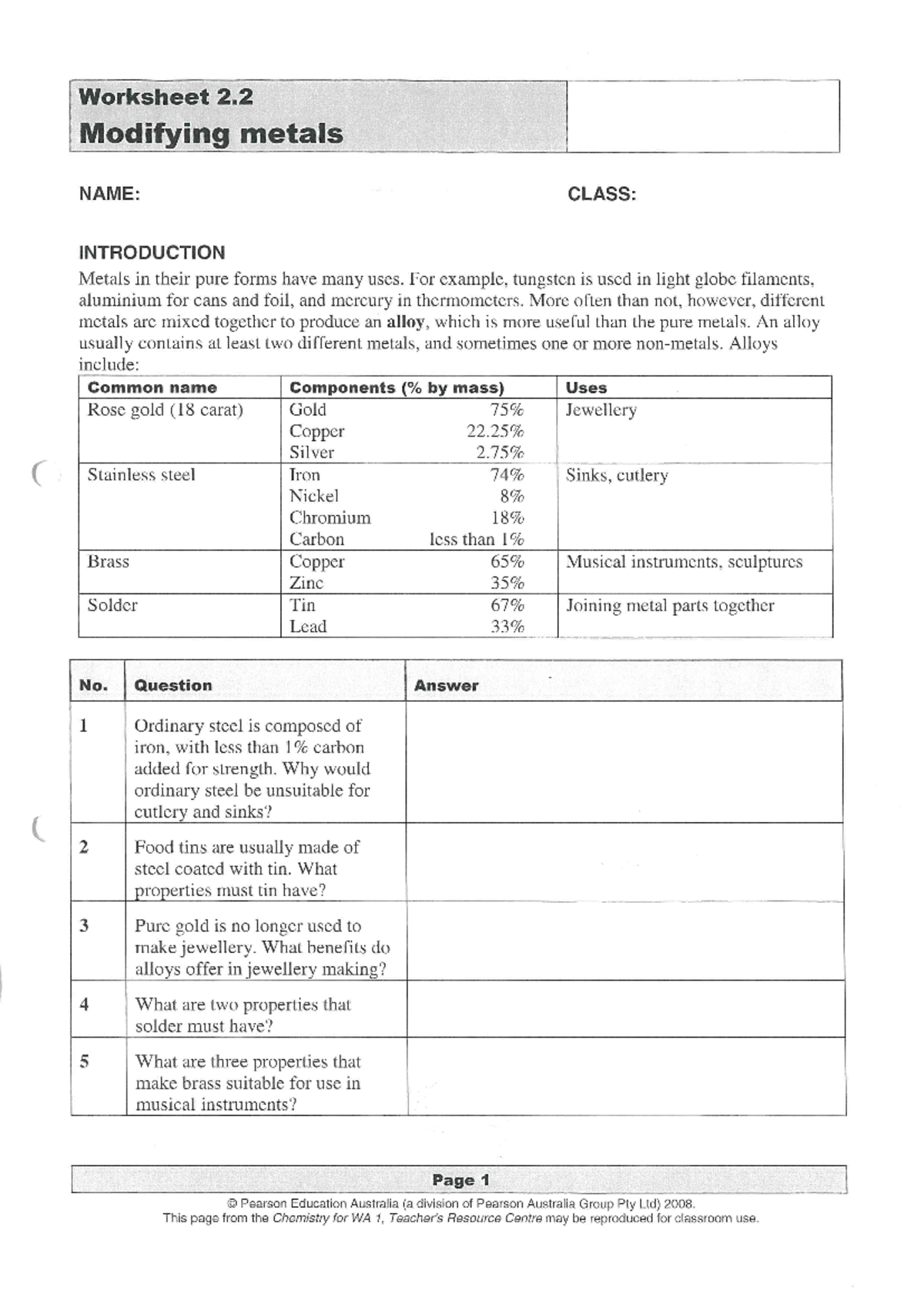 Metals - Chemistry - Worksheet 2 Modifying metals NAME: CLASS ...