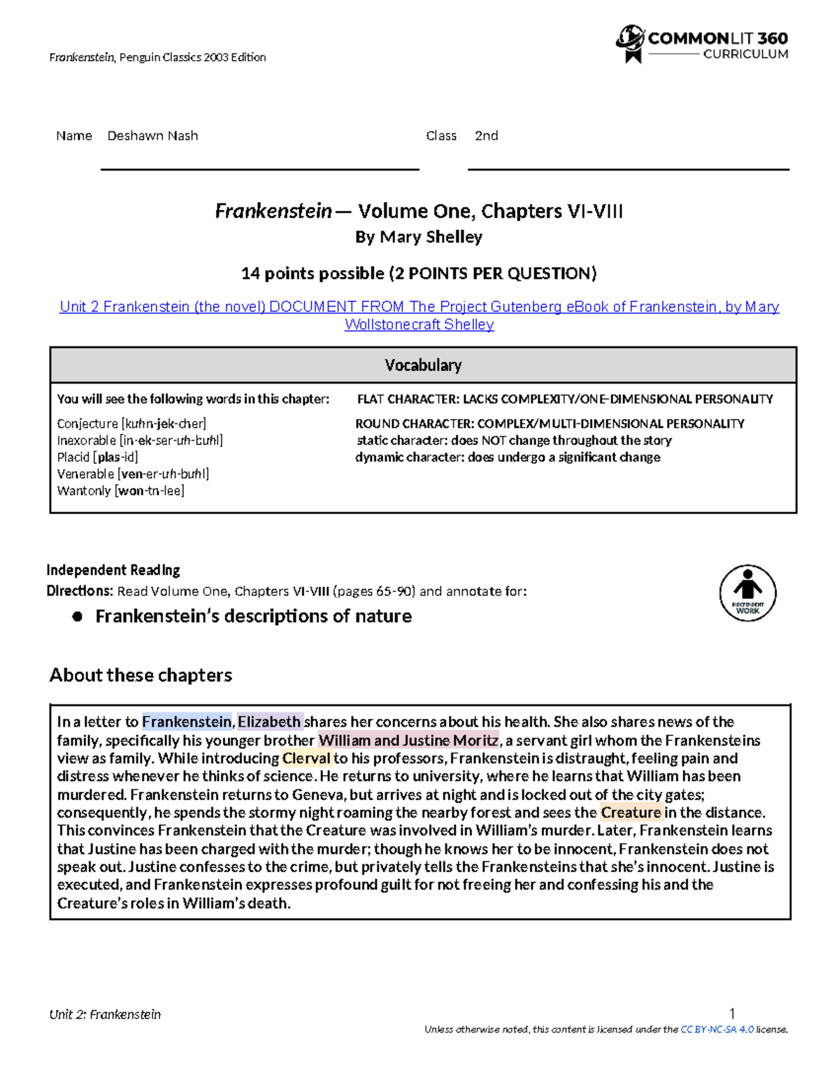 Copy of 2.11 Frankenstein Volume One, Chapters VI-VIII During-Reading ...