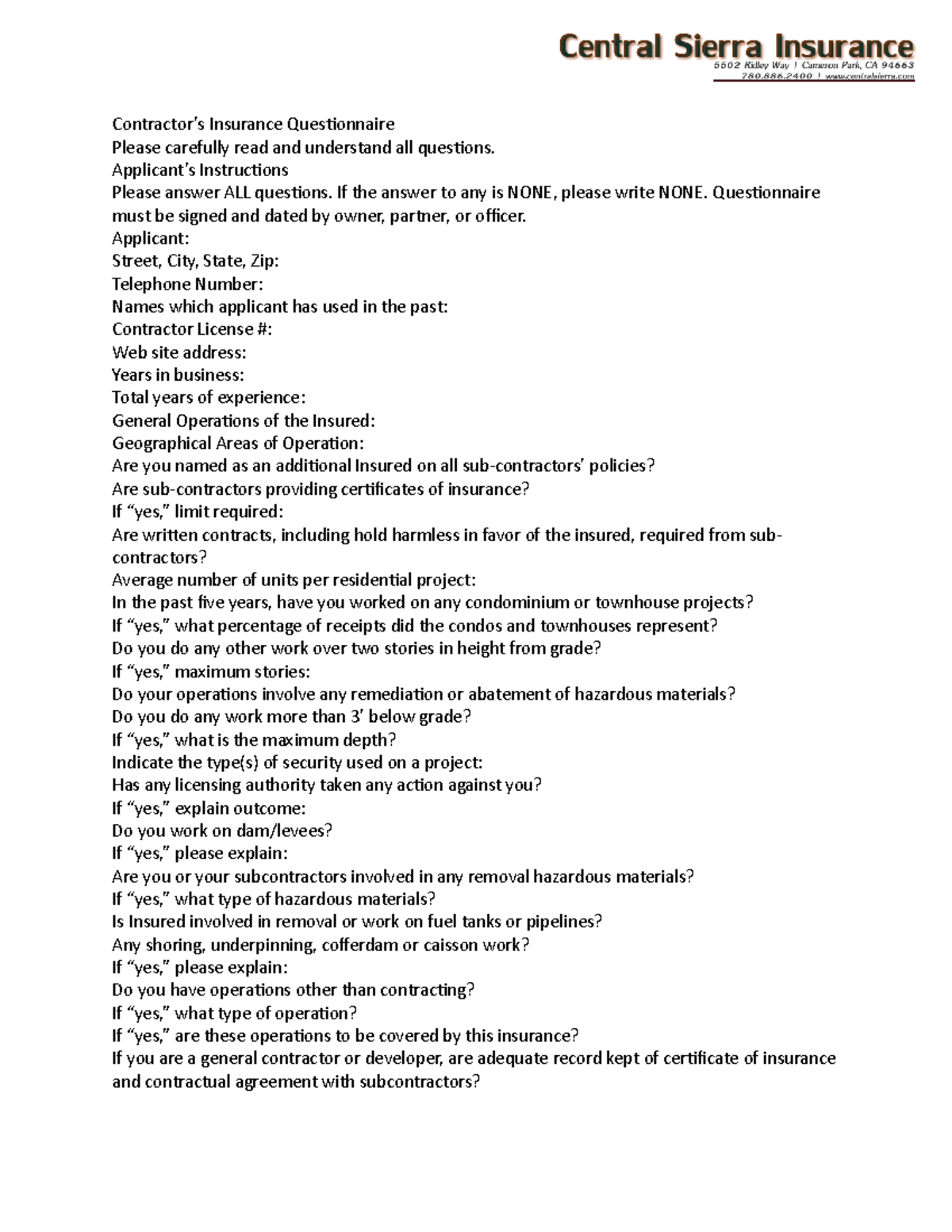 -Insurance Questionnaire-02 - Contractor’s Insurance Questionnaire ...