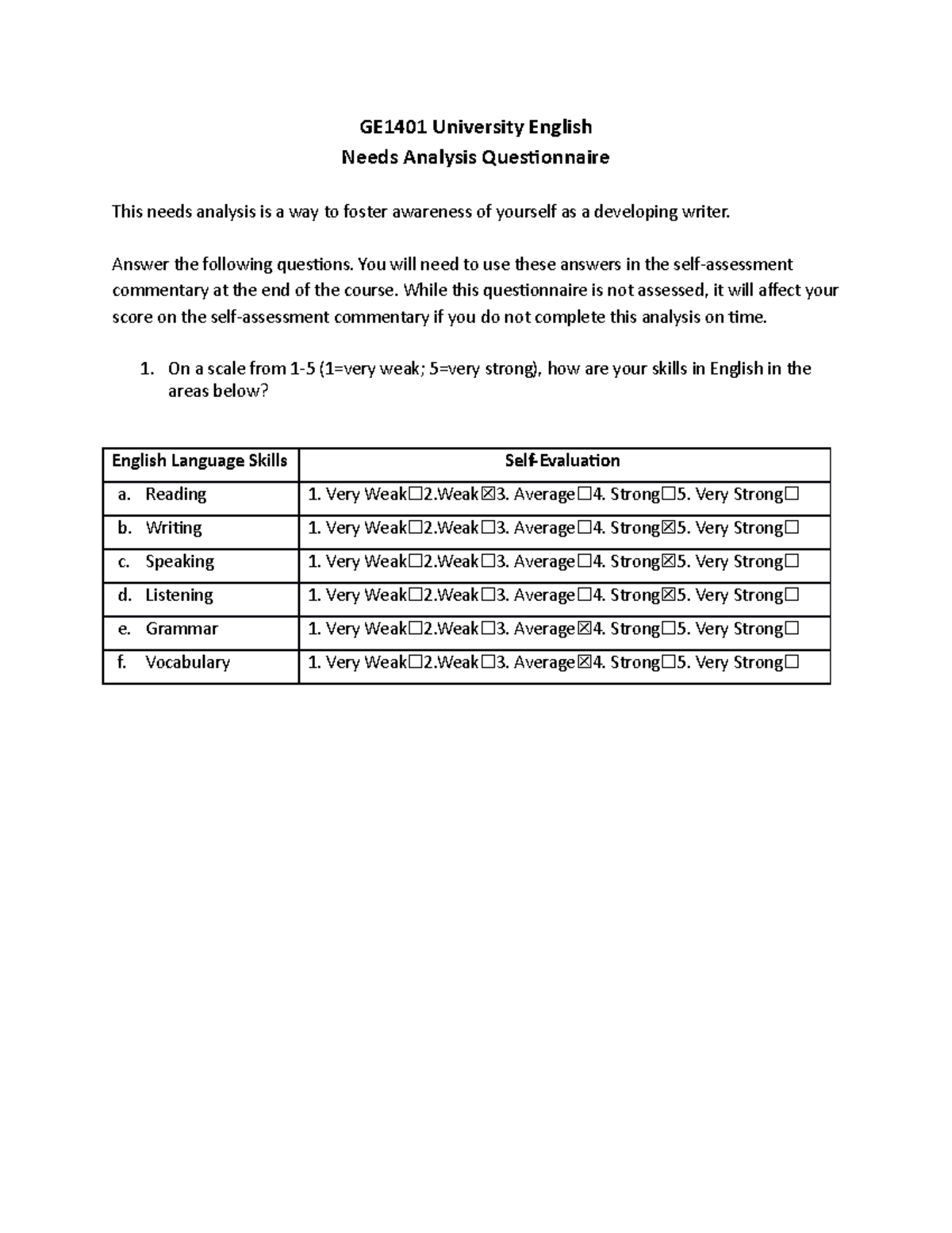 GE1401 University English Needs Analysis Questionnaire 1 - GE1401 ...