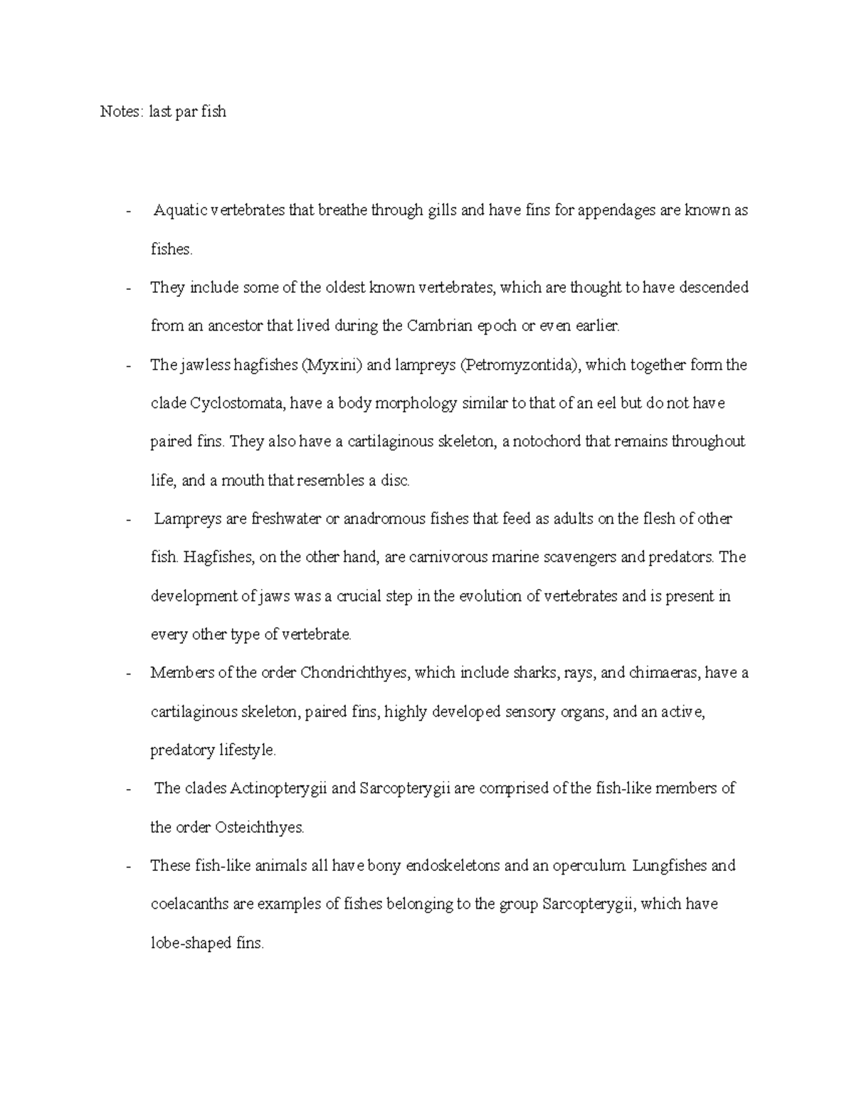 Note 1 - Note -fish conti. - Notes: last par fish Aquatic vertebrates ...