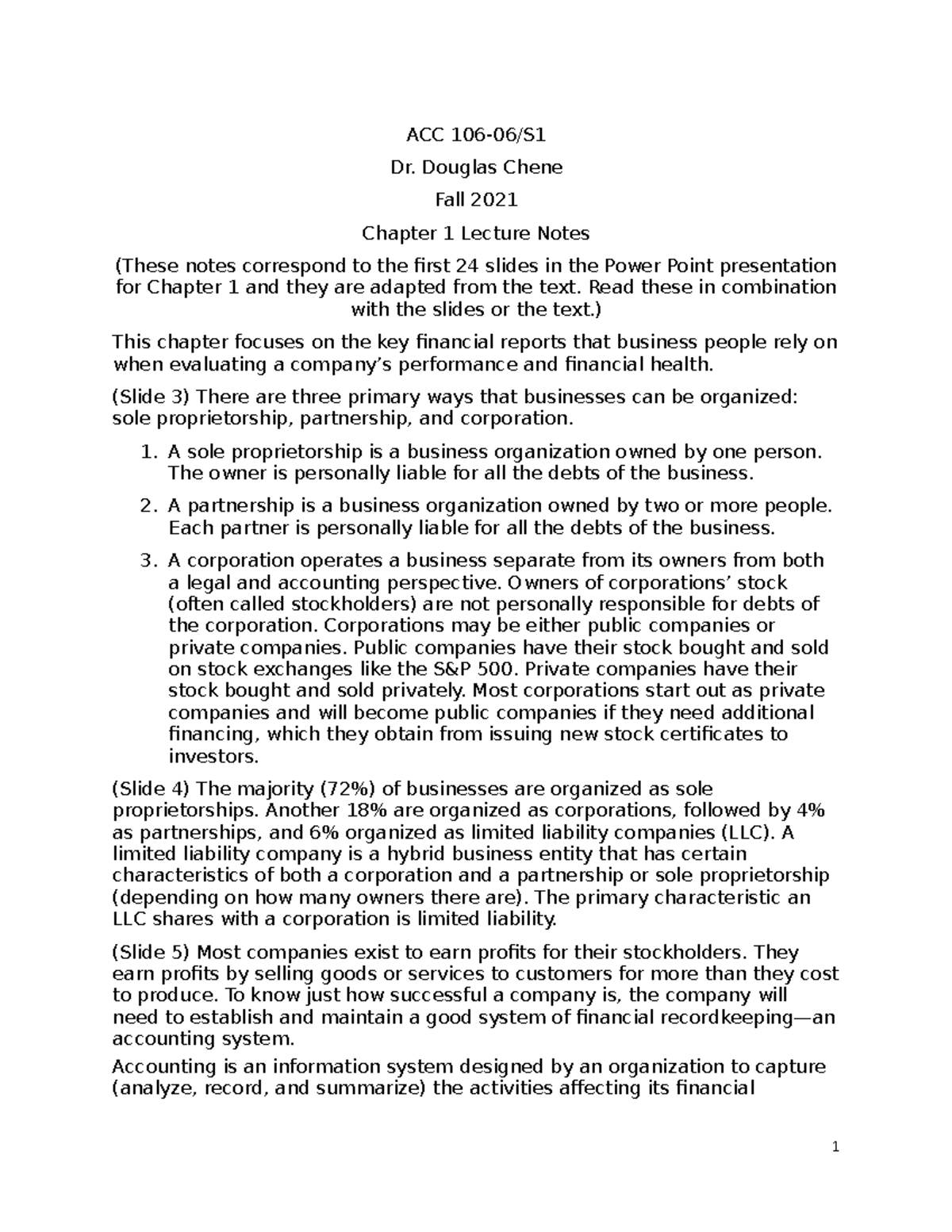 Chapter 1 Lecture Notes - ACC 106-06/S Dr. Douglas Chene Fall 2021 ...