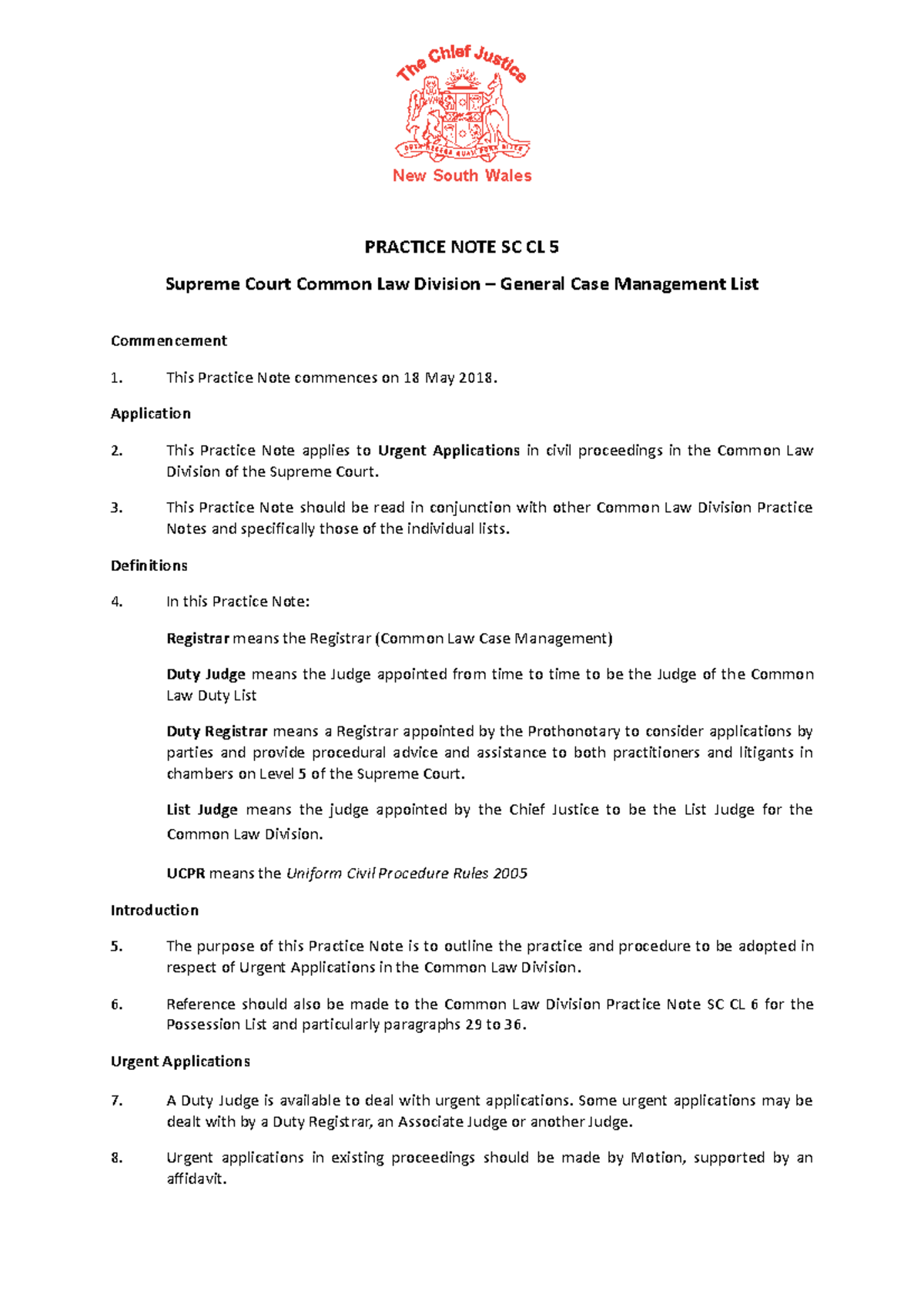PN SC CL 5 - General Case Management List - New South Wales PRACTICE ...