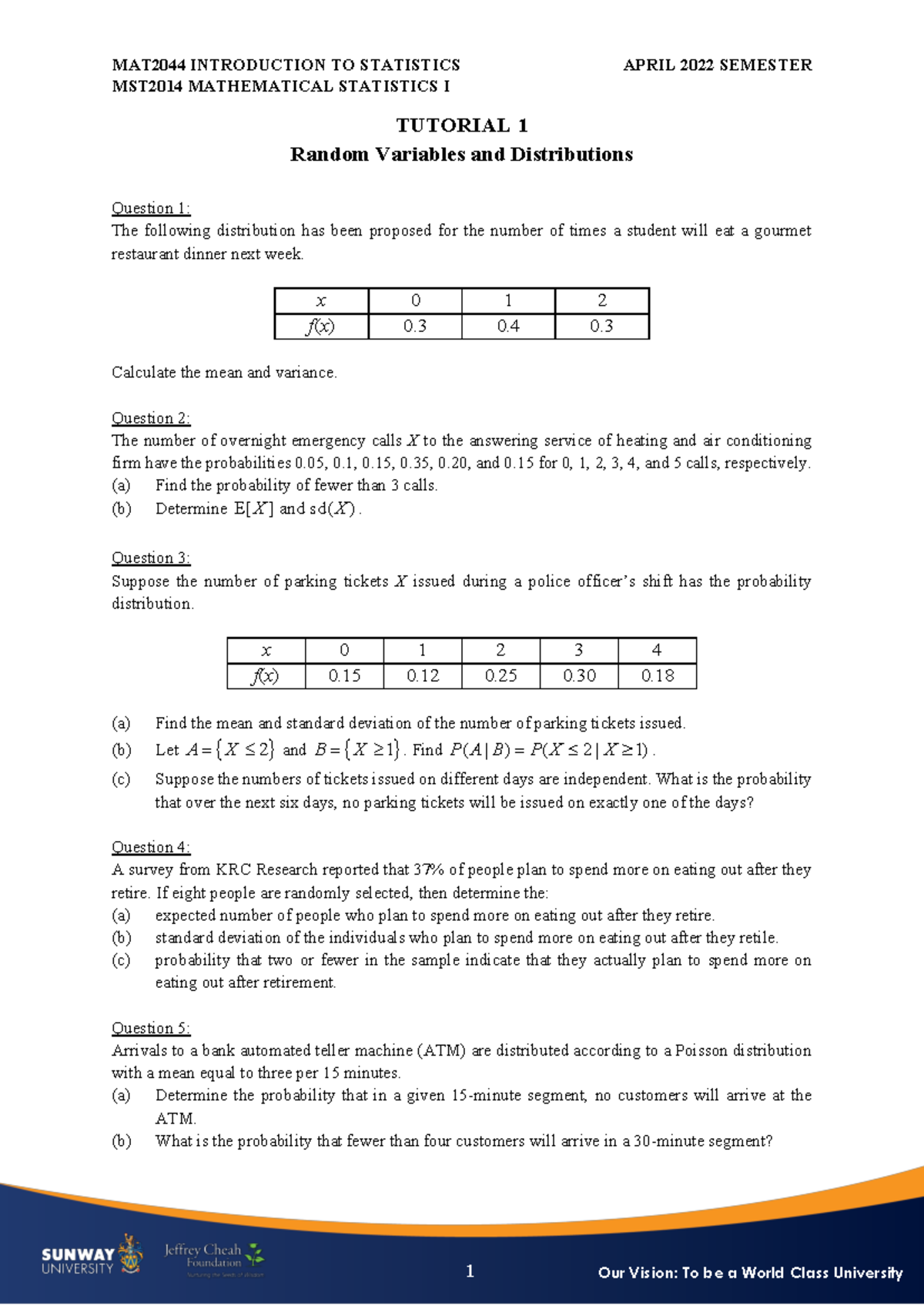 Introduction to statistics - MST2014 MATHEMATICAL STATISTICS I ####### TUTORIAL 1 ####### Random ...