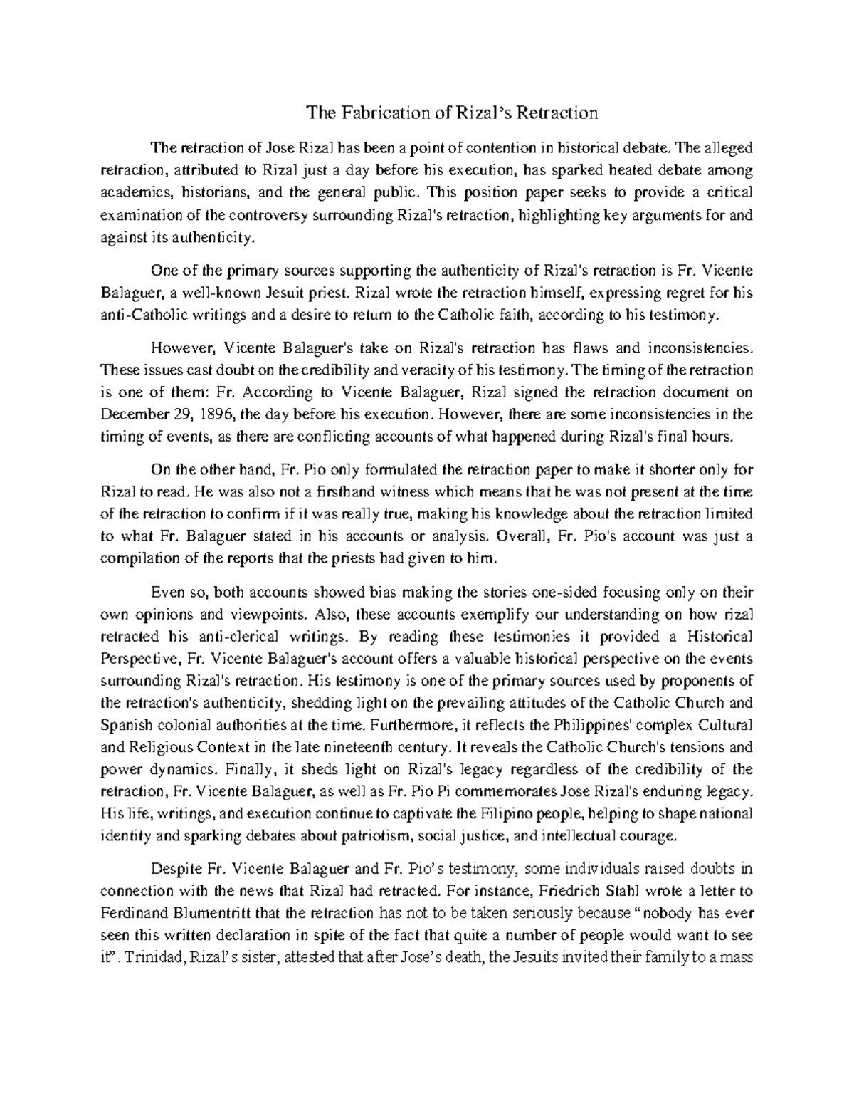 Position-Paper - Notes - The Fabrication of Rizal’s Retraction The ...