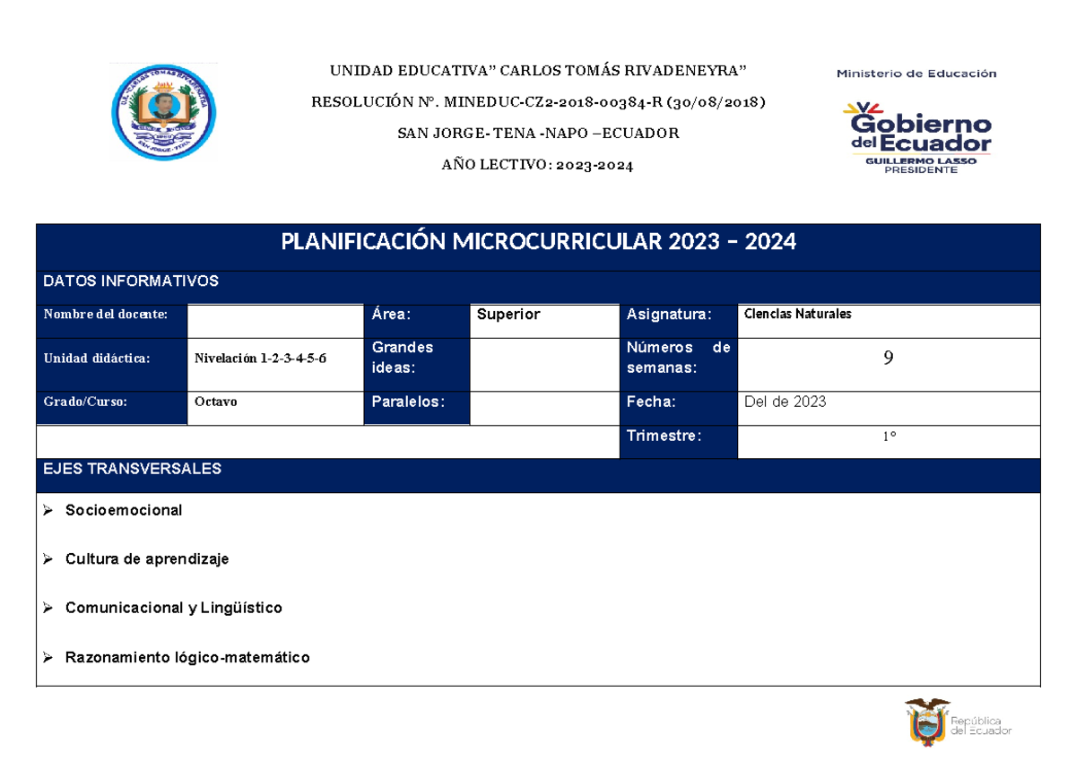 8vo. CCNN - Planificación 9 Semanas actual - UNIDAD EDUCATIVA” CARLOS ...