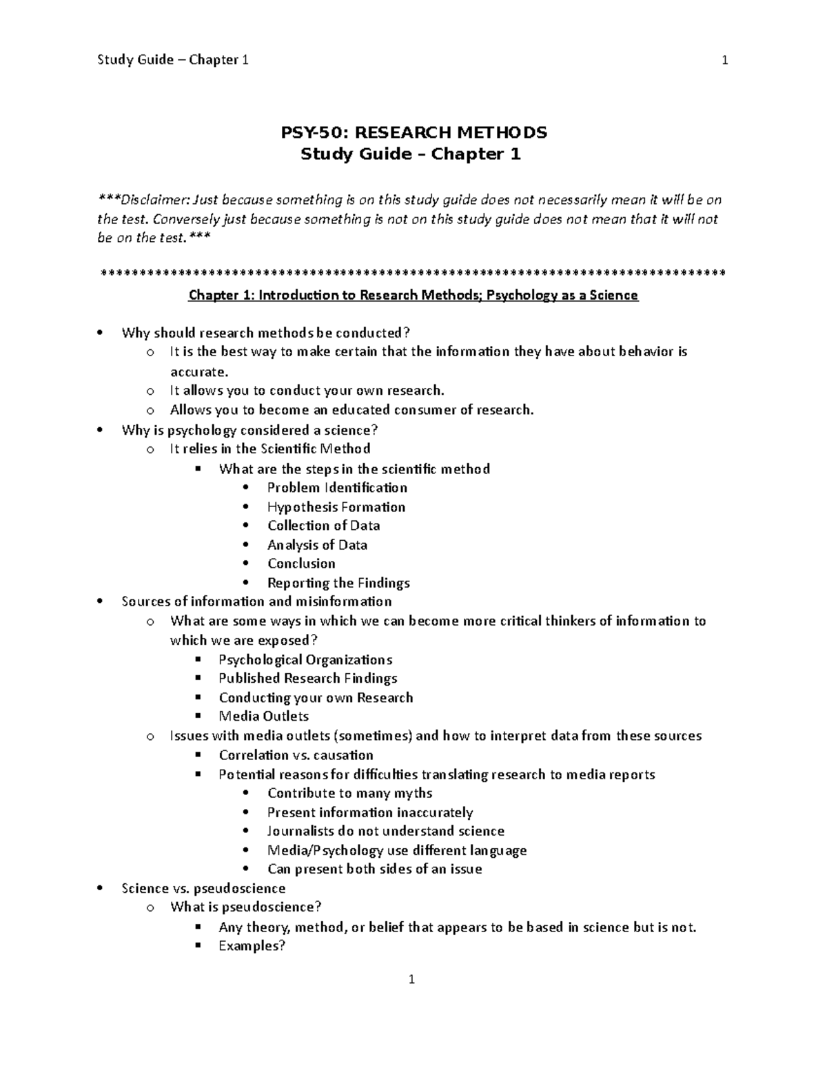 PSY 50 - Chapter 1 Study Guide - Study Guide – Chapter 1 1 PSY-50: RESEARCH METHODS Study Guide ...