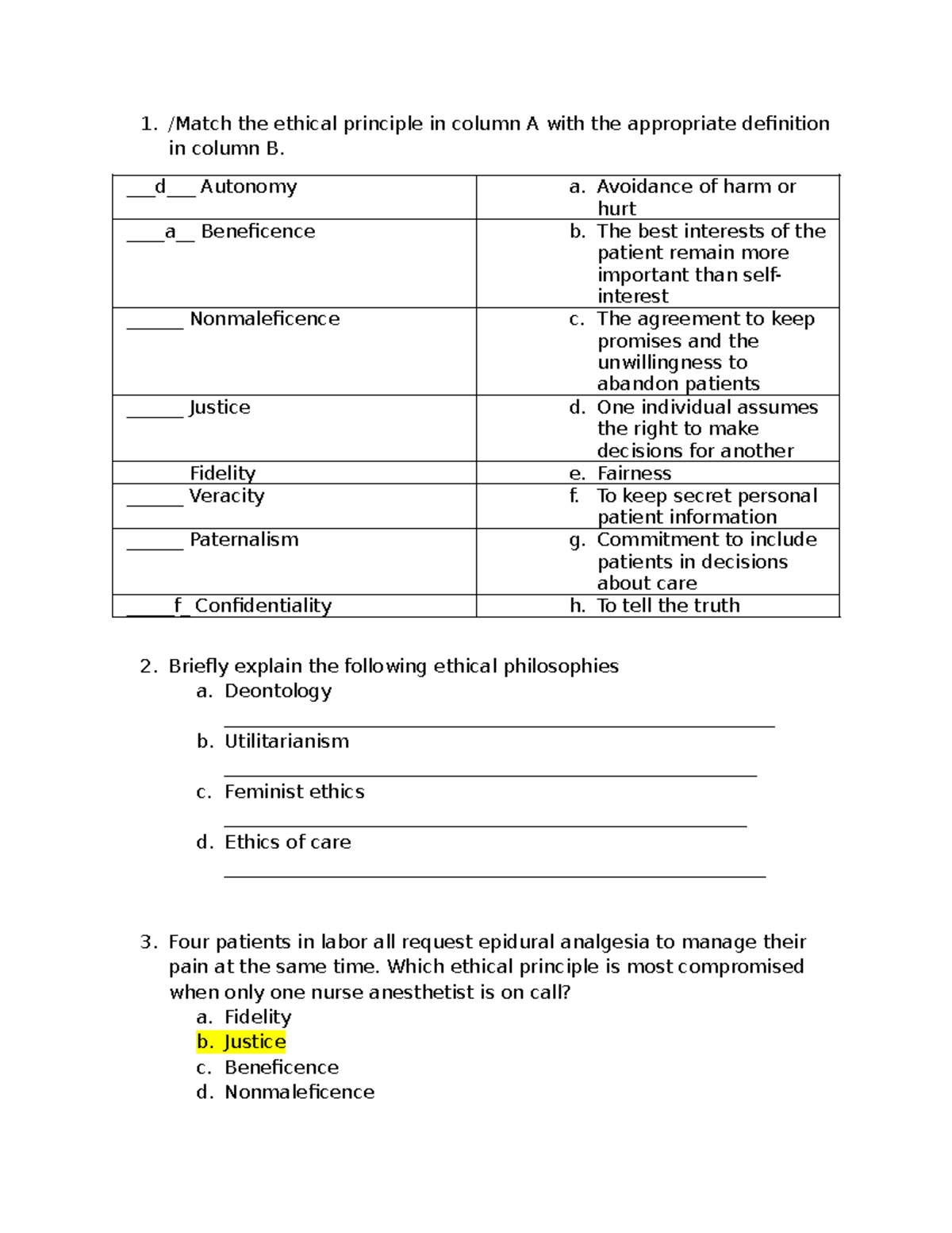 NR 446 week 3 ethics activities 1 - /Match the ethical principle in ...
