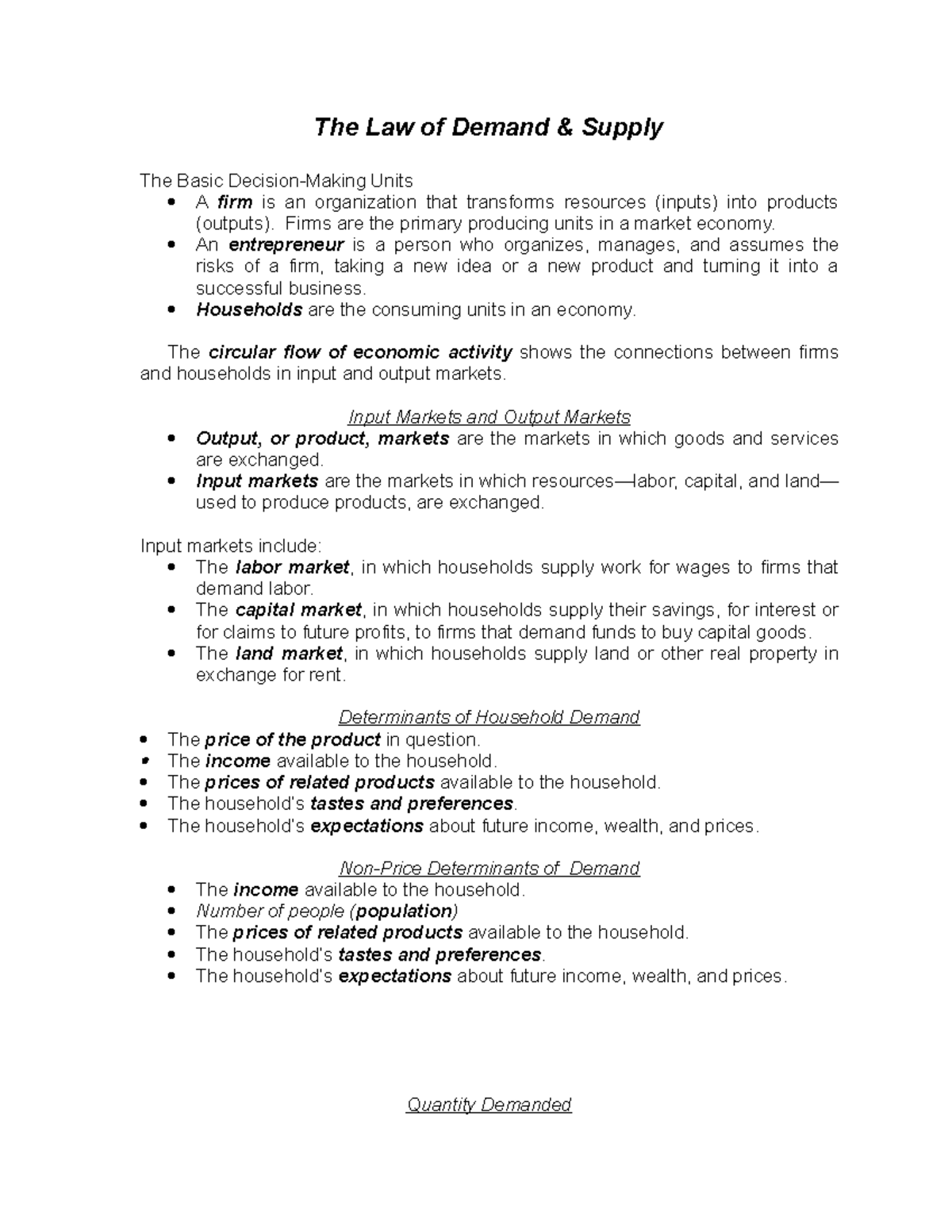The Law of Demand notes - The Law of Demand & Supply The Basic Decision ...