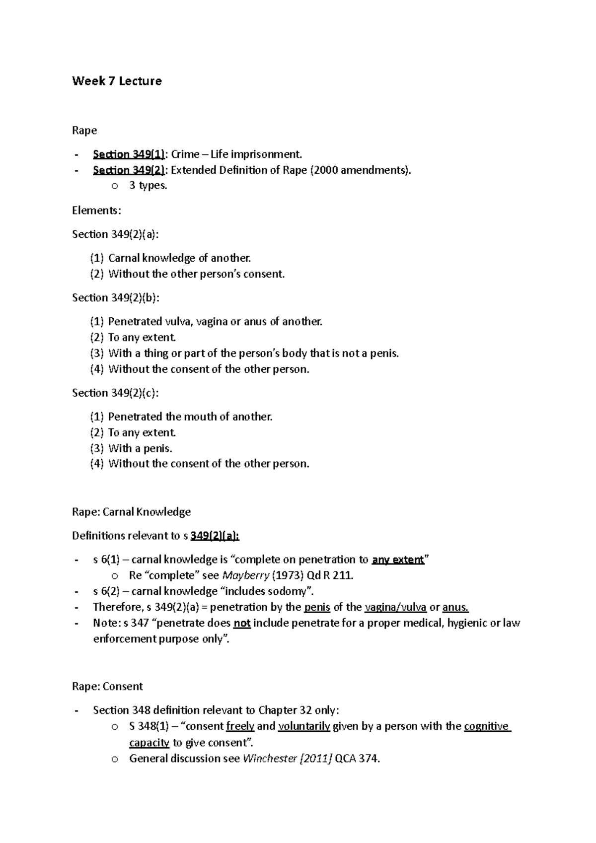 Week 7 Lecture - Week 7 Lecture Rape Section 349(1): Crime – Life imprisonment. Section 349(2 ...