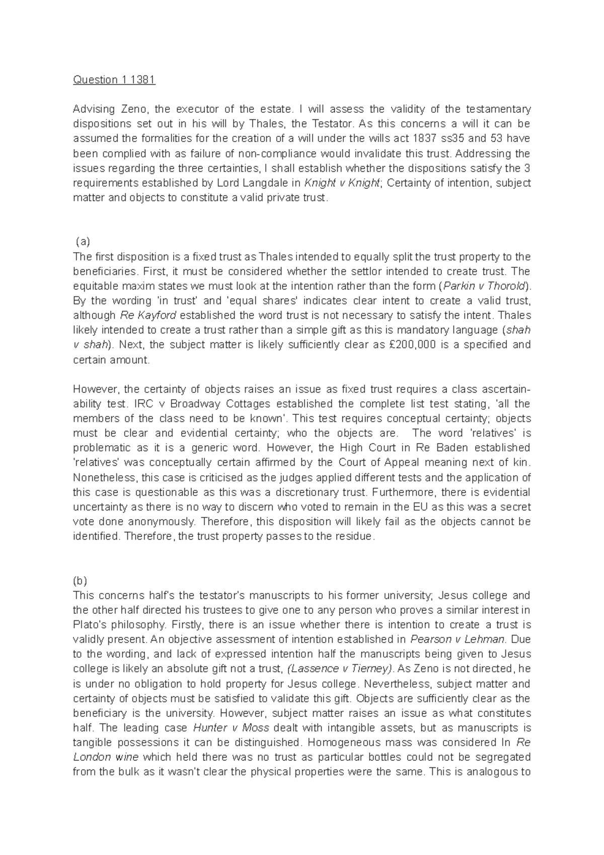 Validity of Testamentary Dispositions in Thales' Will - Studocu