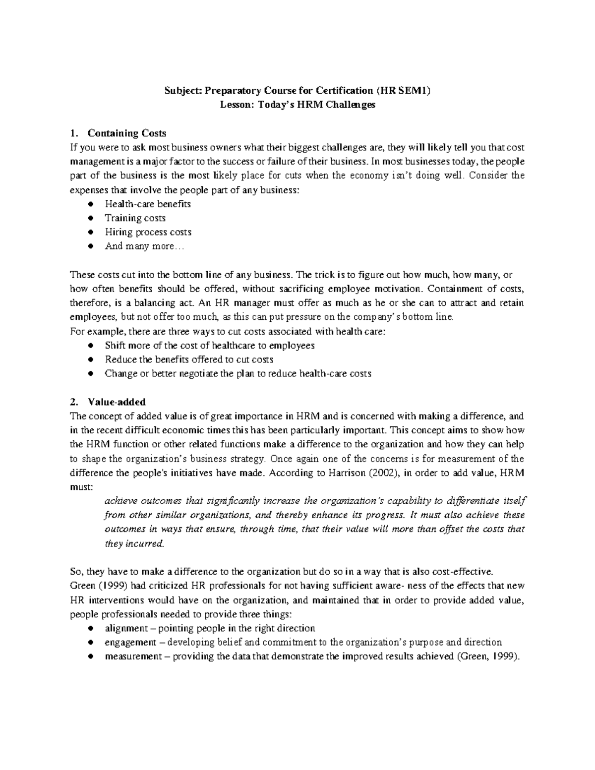 HR104 - HR 104 - Subject: Preparatory Course for Certification (HR SEM1 ...