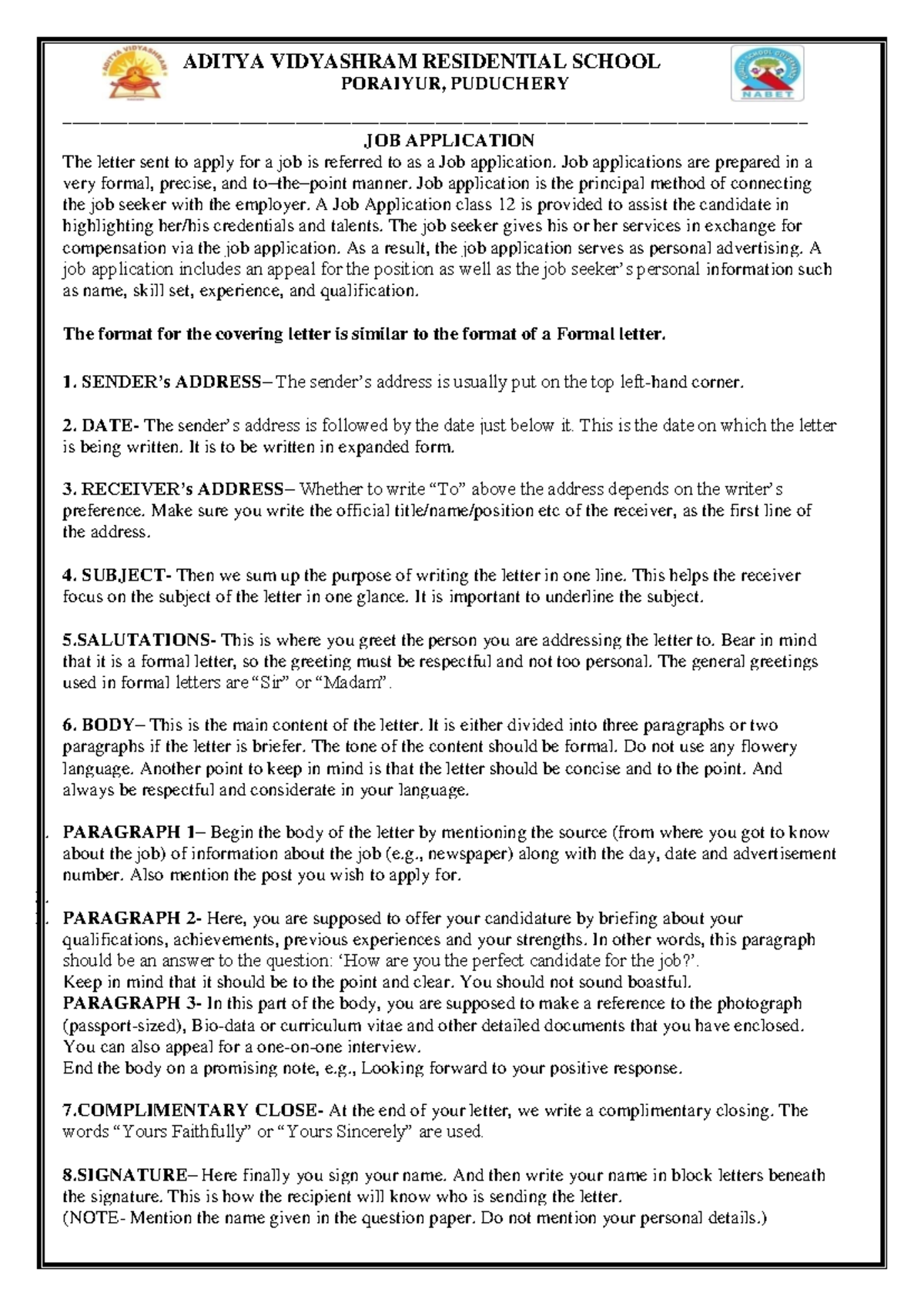 JOB Application - Hints + samples - ADITYA VIDYASHRAM RESIDENTIAL ...