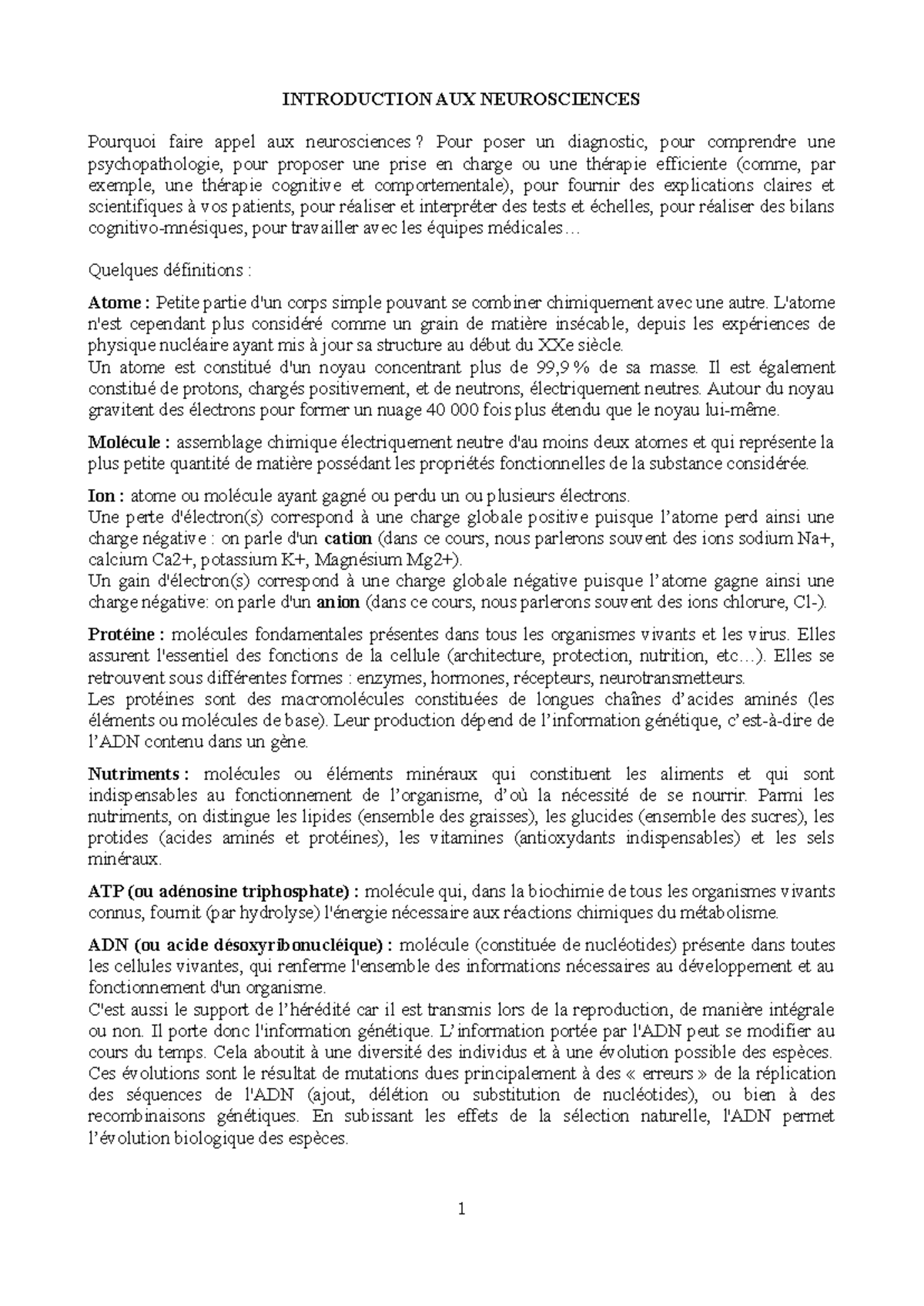 Fiche Neuroscience - Résumé du cours - INTRODUCTION AUX NEUROSCIENCES ...