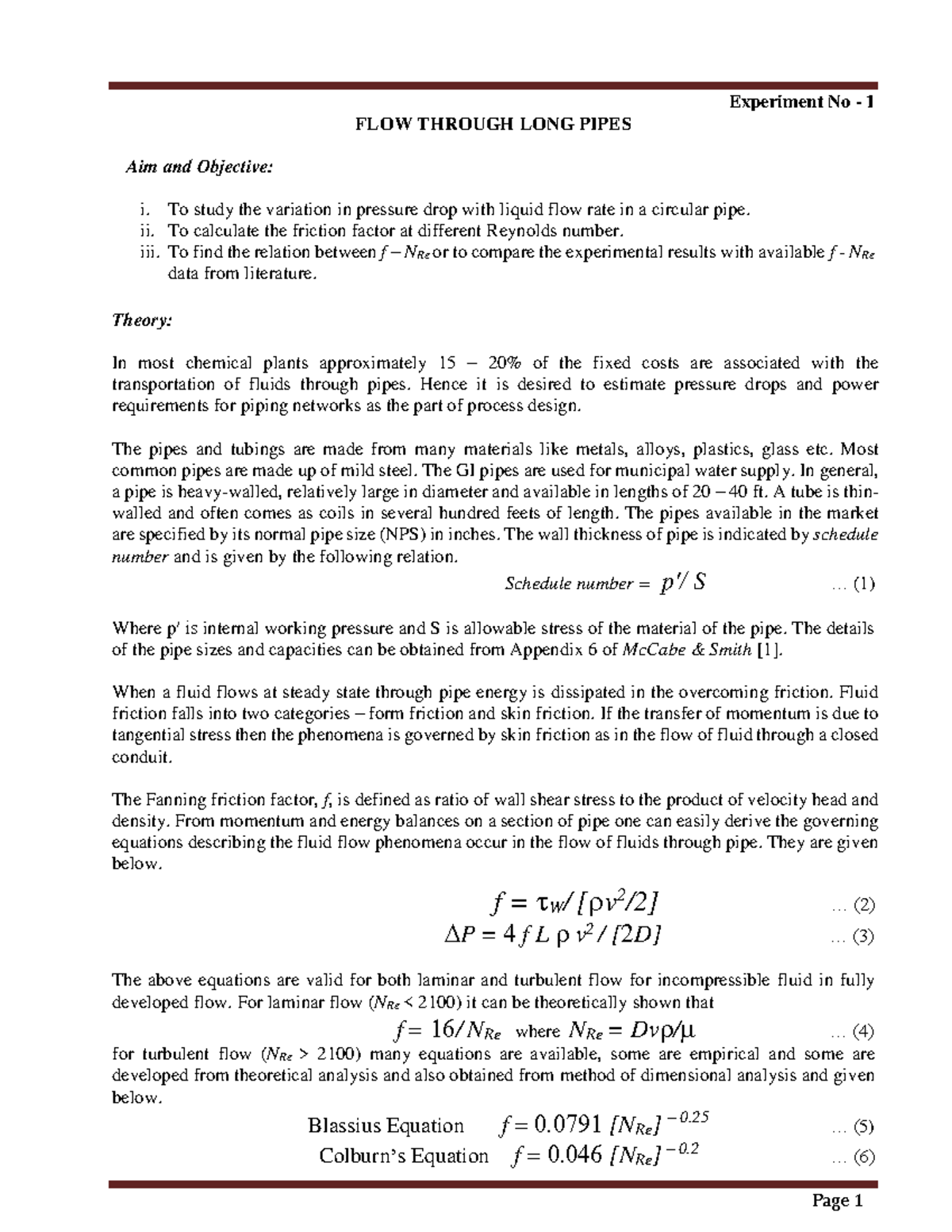 Biochemical Engineering Lab Manual - 2024 - FLOW THROUGH LONG PIPES ...