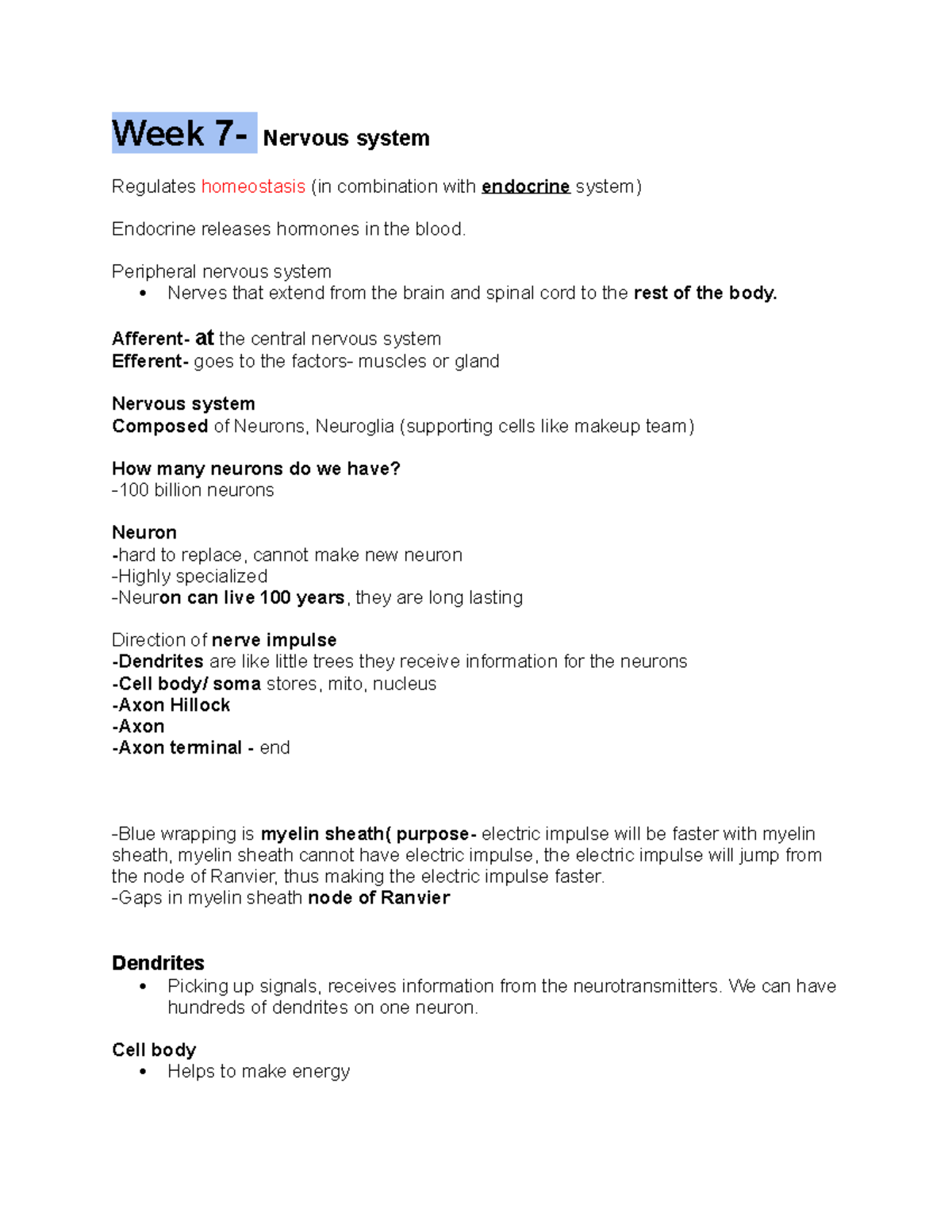 Week 7 - detailed notes on nervous system - Week 7- Nervous system ...