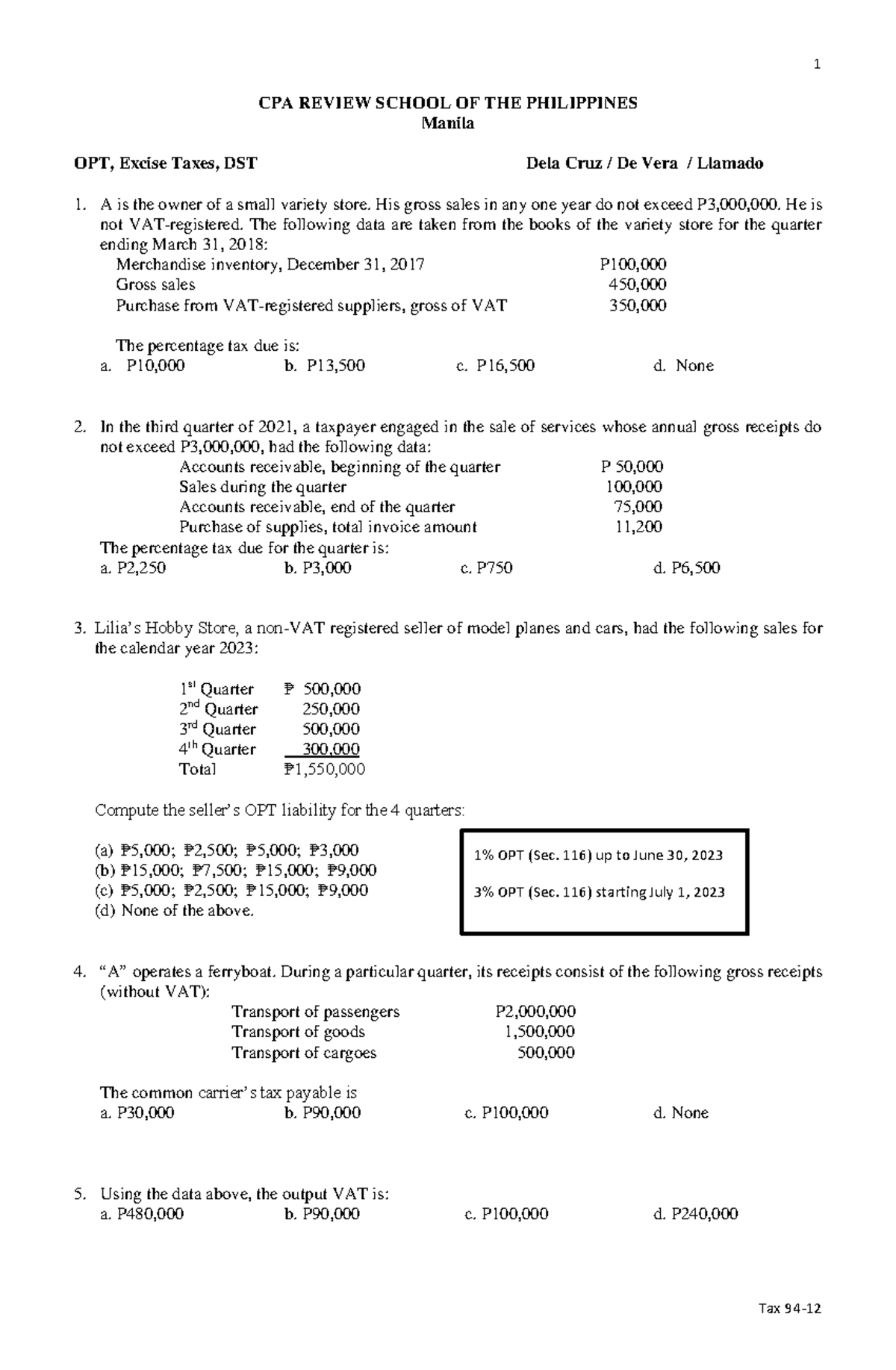 94-12 OPT, Excise Tax, DST - Questionnaire - CPA REVIEW SCHOOL OF THE PHILIPPINES Manila OPT ...