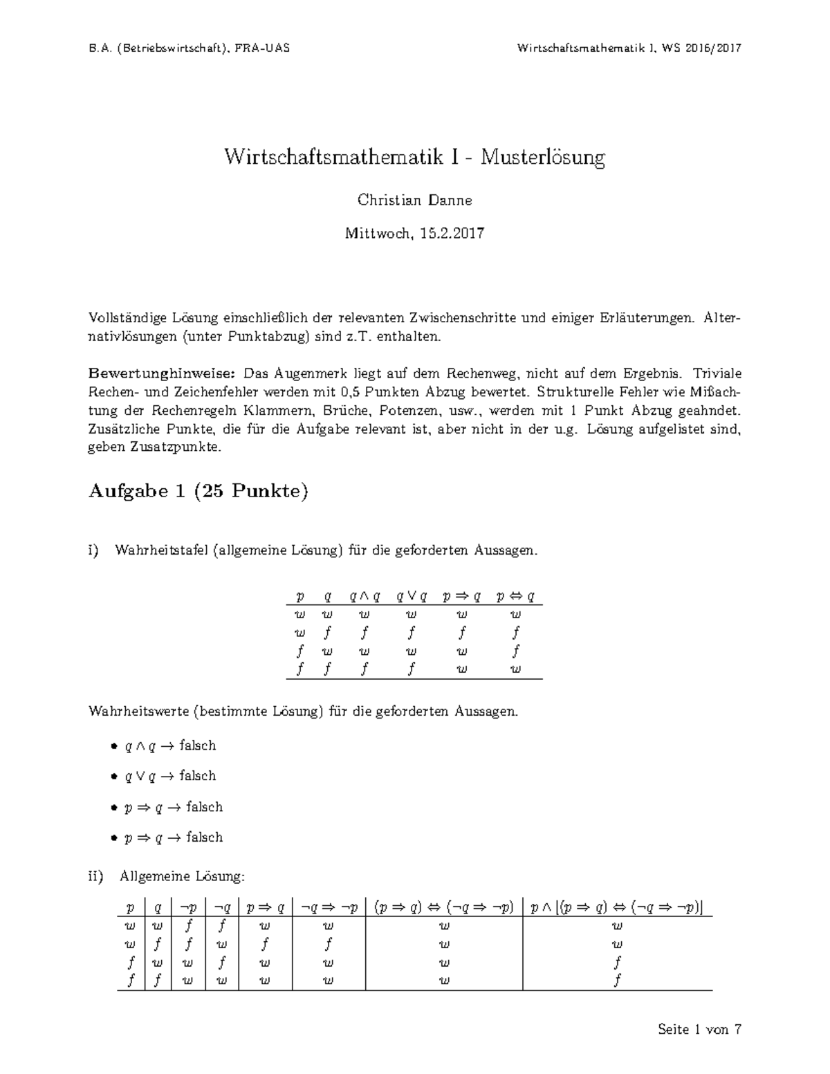 Klausur 15 Februar Wintersemester 2016/2017, Antworten - B. (Betriebswirtschaft), FRA-UAS - Studocu