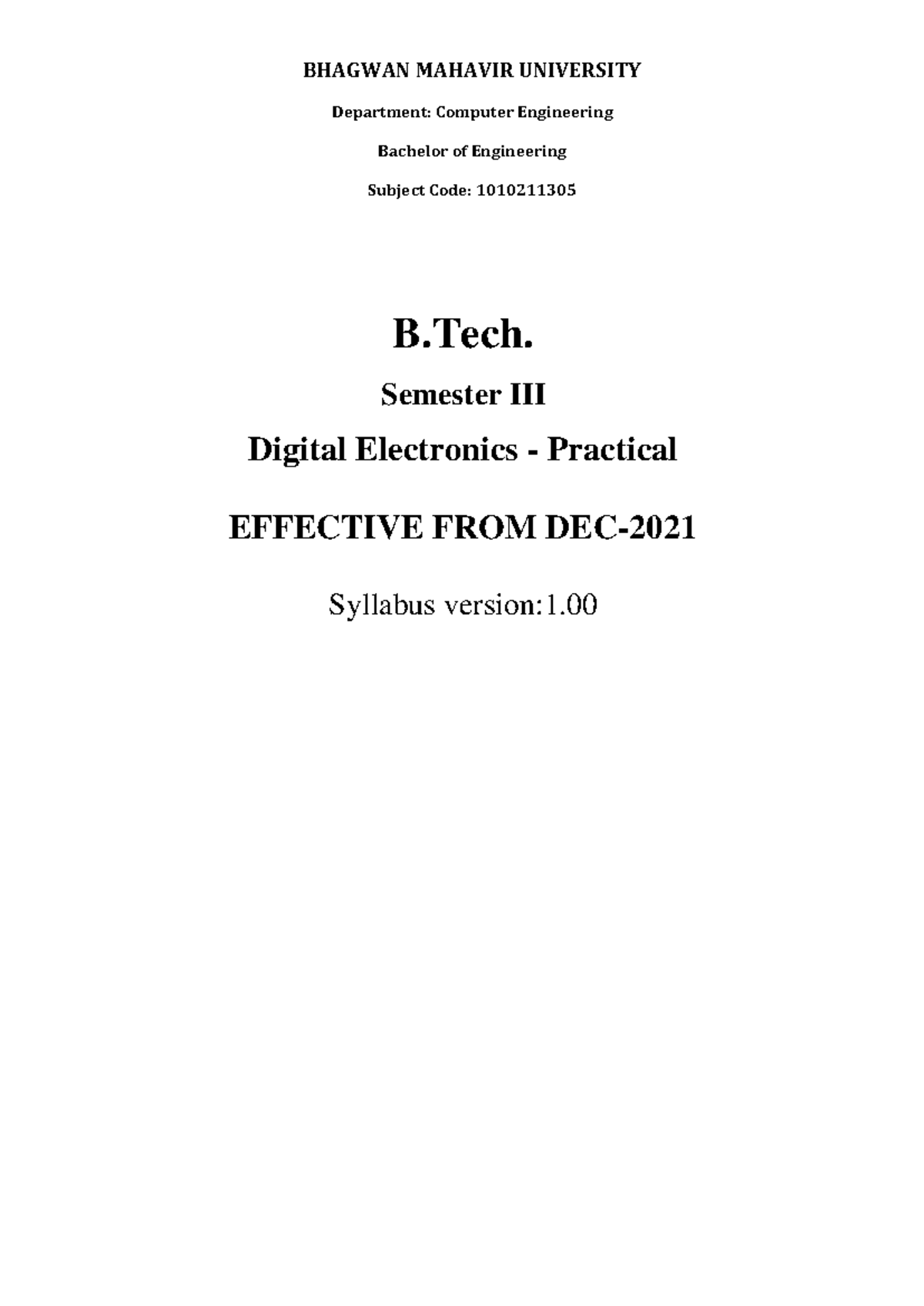 Syllabus Digital Electronics Practical - BHAGWAN MAHAVIR UNIVERSITY ...