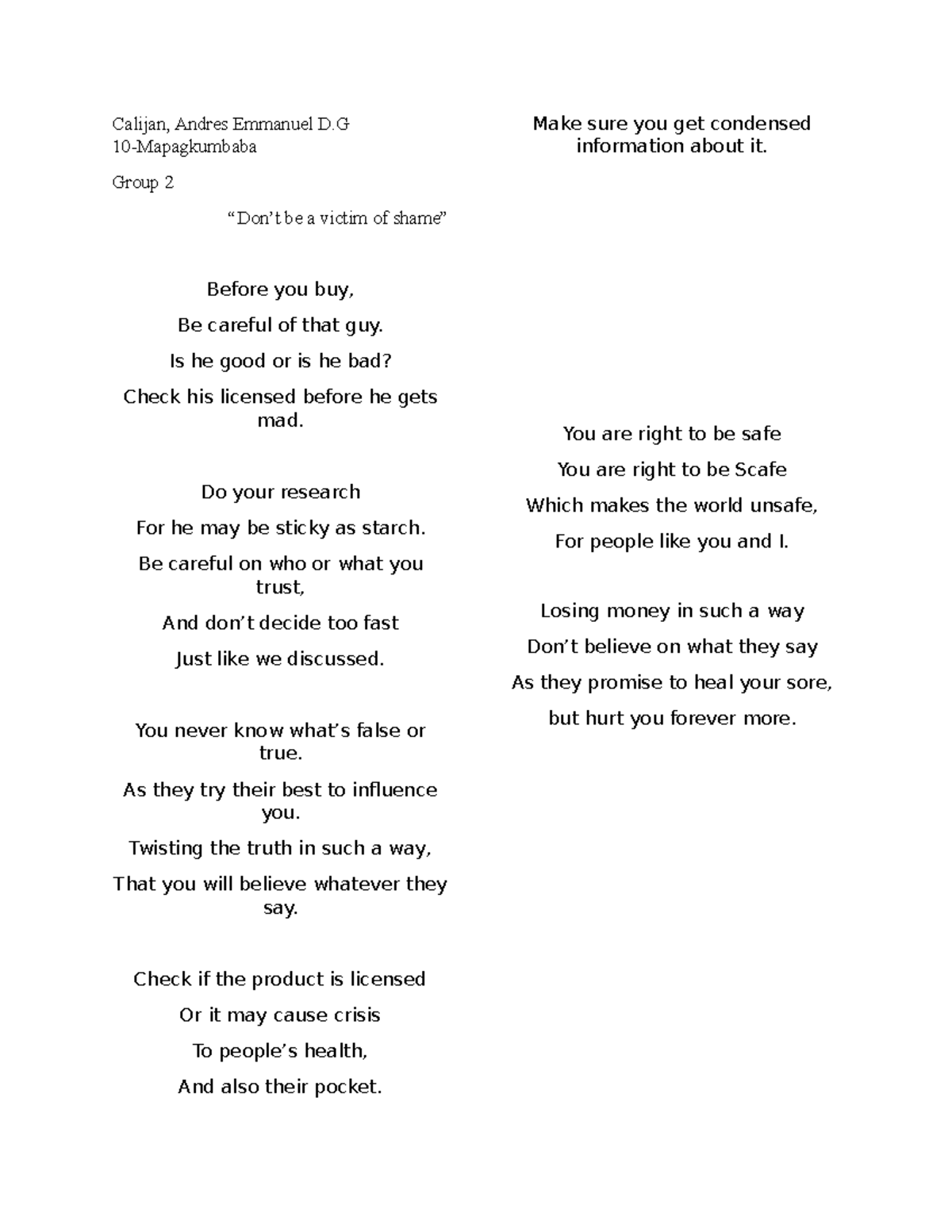 Poem-in-health - hi po - Calijan, Andres Emmanuel D 10-Mapagkumbaba ...