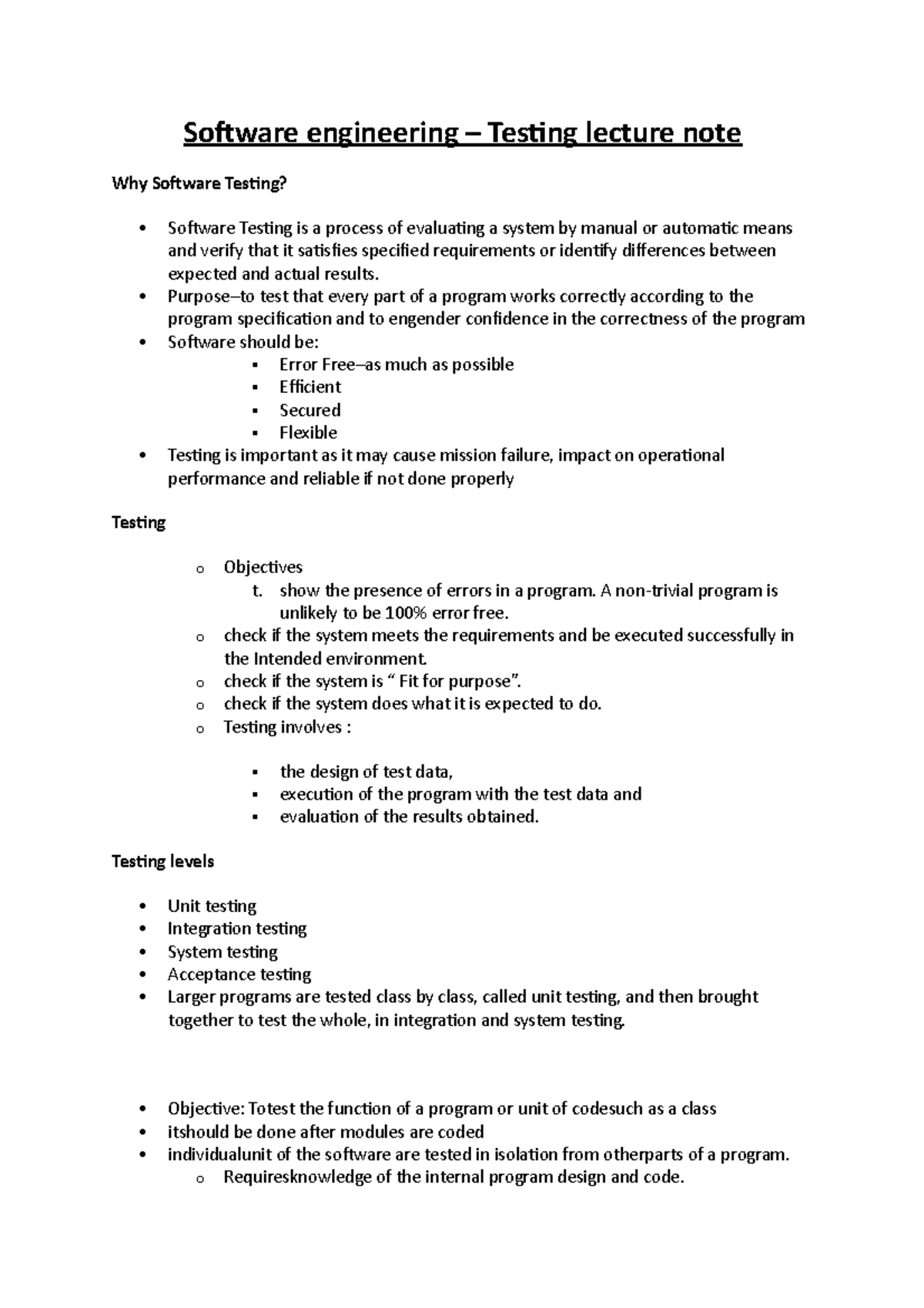Software engineering – Testing lecture note - Purpose–to test that ...