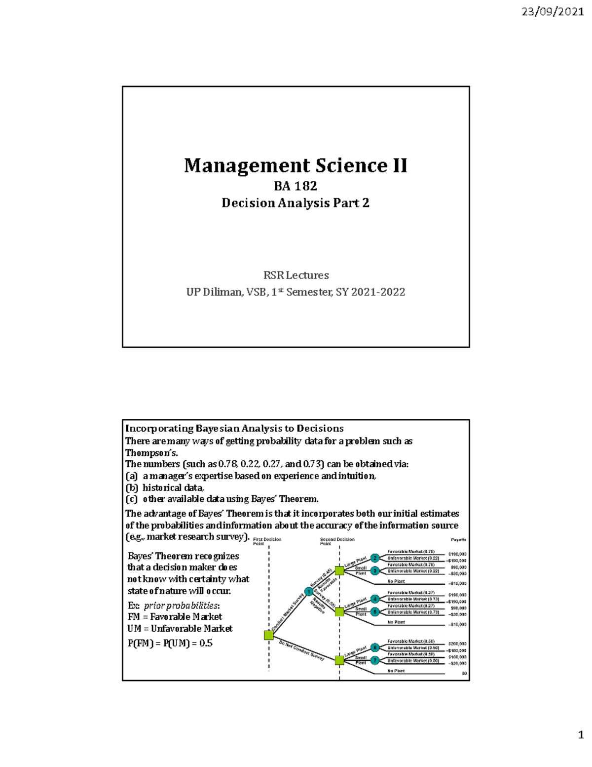 2-MS2 Decision Analysis p2 - Management Science II BA 182 Decision Analysis Part 2 RSR Lectures ...