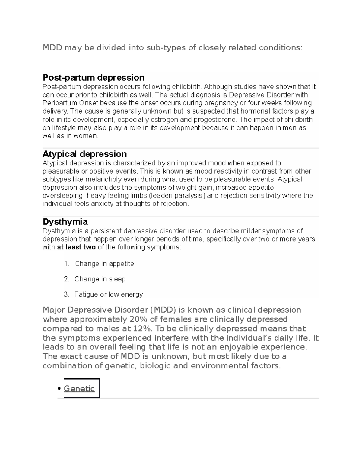 Depression notes - MDD may be divided into sub-types of closely related ...