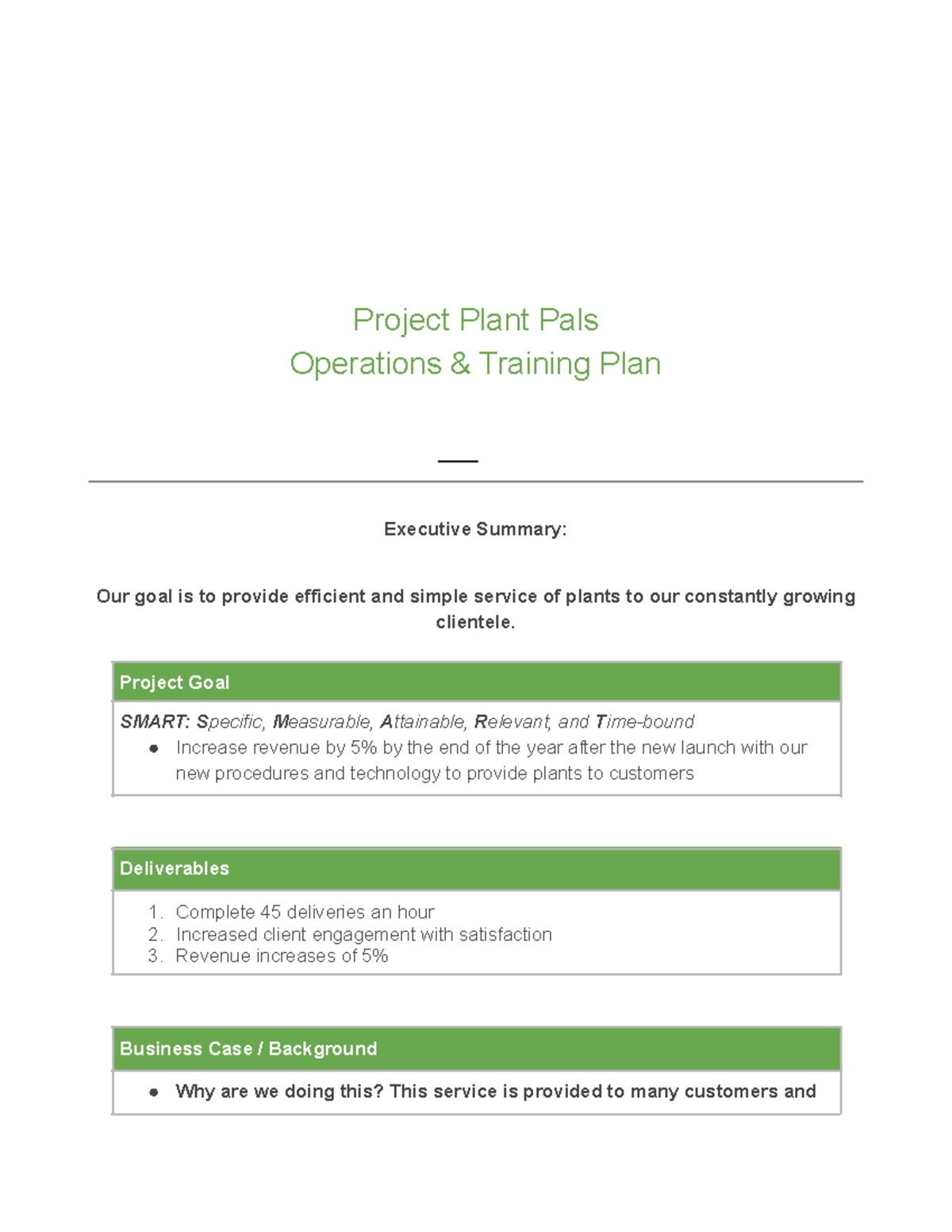 Green Project Charter - Project Plant Pals Operations & Training Plan ...