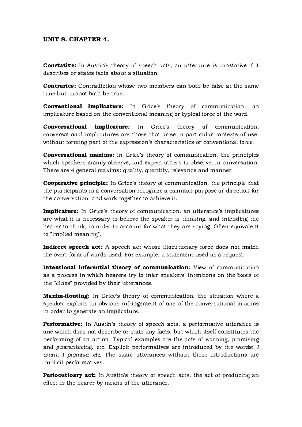 UNIT 8 - .......... - UNIT 8. CHAPTER 4. Constative: In Austin’s theory ...