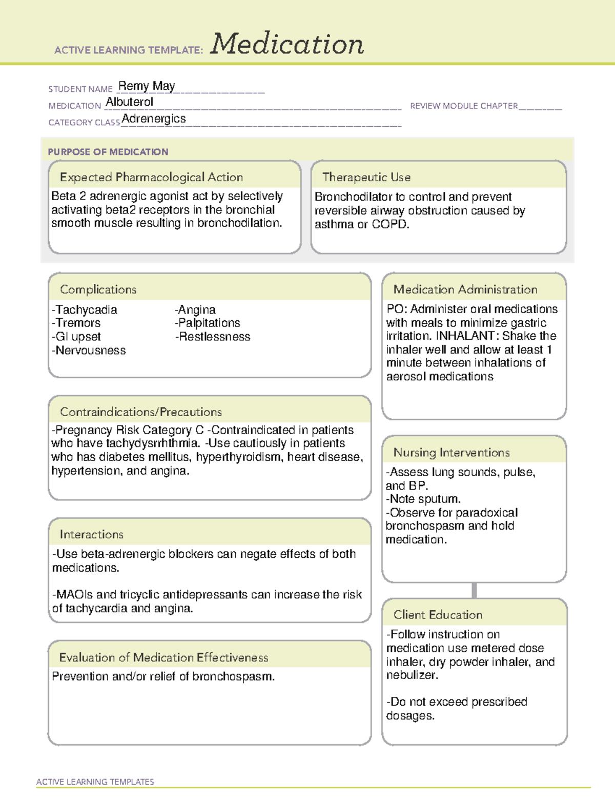 Albuterol - ACTIVE LEARNING TEMPLATES Medication STUDENT NAME