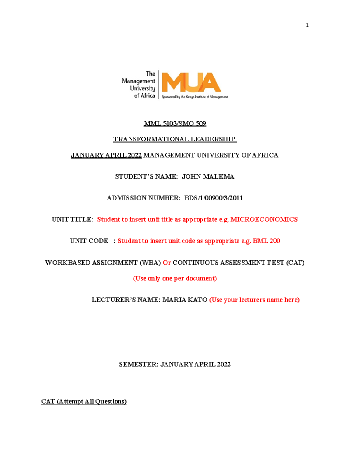 MML 5103 CAT JAN APR 2022 - MML 5103/SMO 509 TRANSFORMATIONAL ...