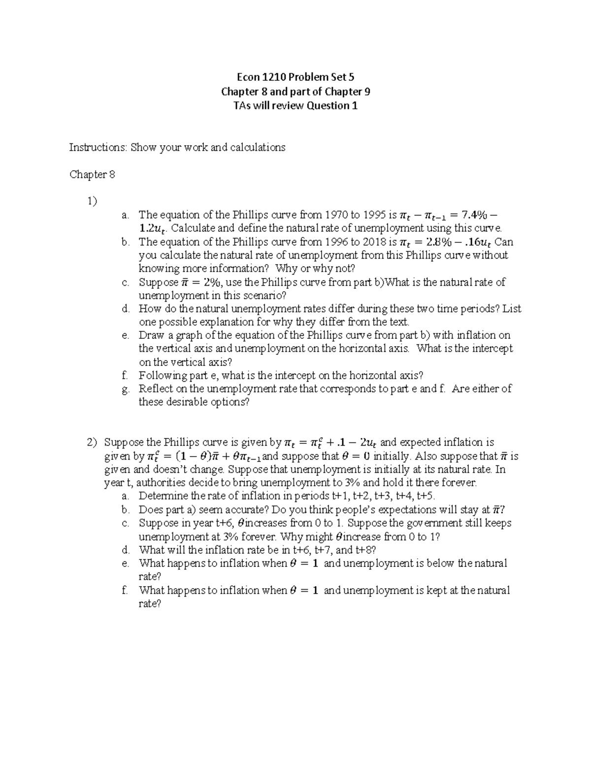 Practice Problems 8 And 9 Econ 1210 Problem Set 5 Chapter 8 And Part