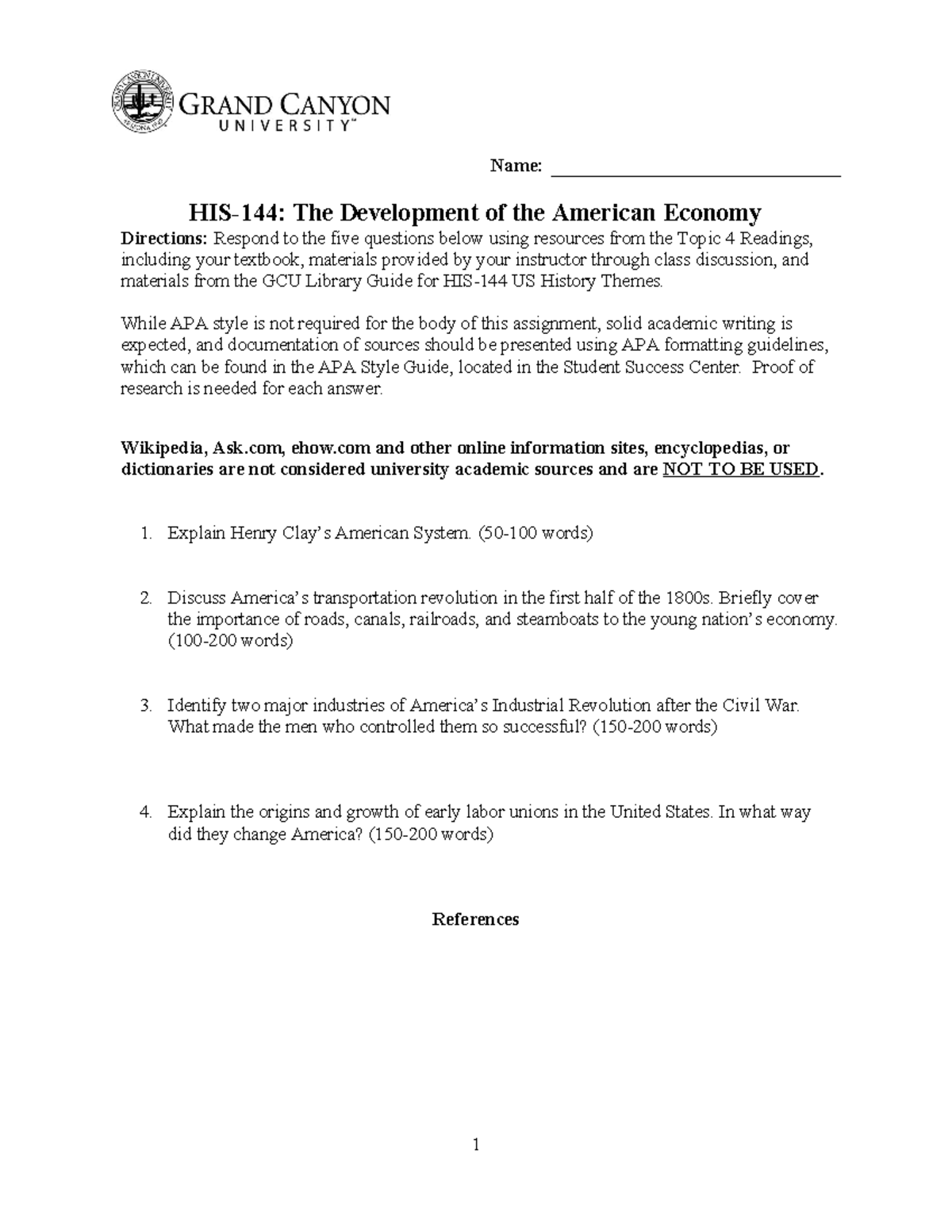 Development of the American Economy Worksheet - Name: HIS-144: The ...