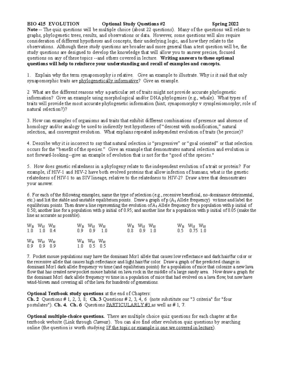 sp guide 22 spring - BIO 415 EVOLUTION Optional Study Questions #2 ...
