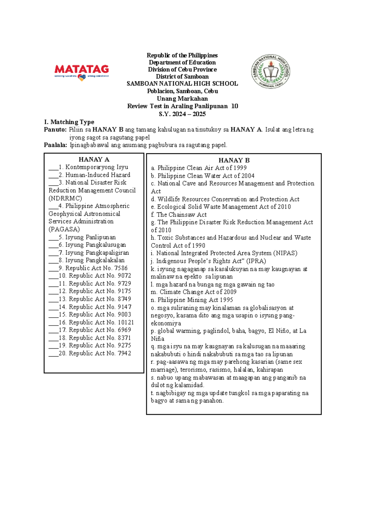 AP10 Q1 Review Test - notes - Republic of the Philippines Department of ...