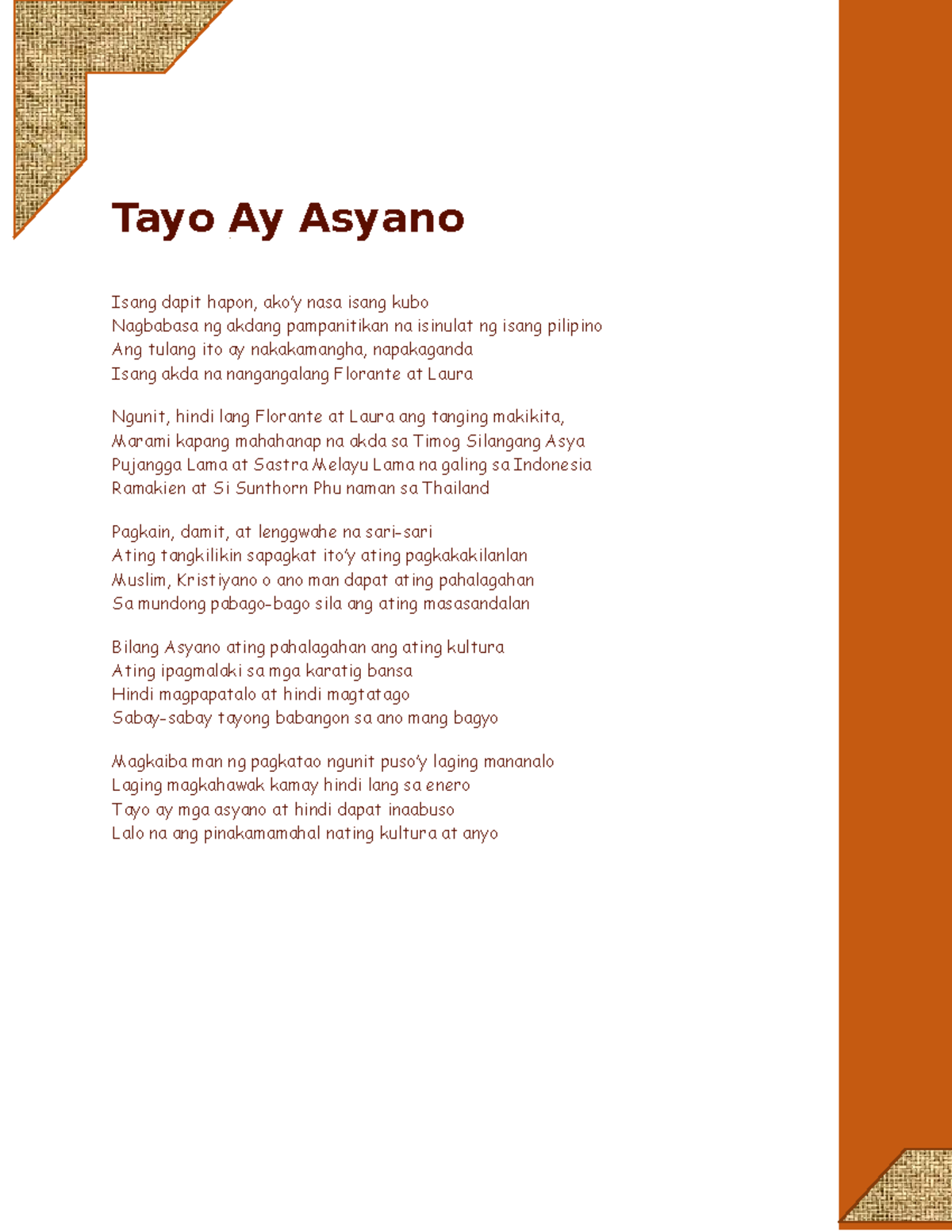 Tayo Ay Asyano - filipino - Tayo Ay Asyano Isang dapit hapon, ako’y ...