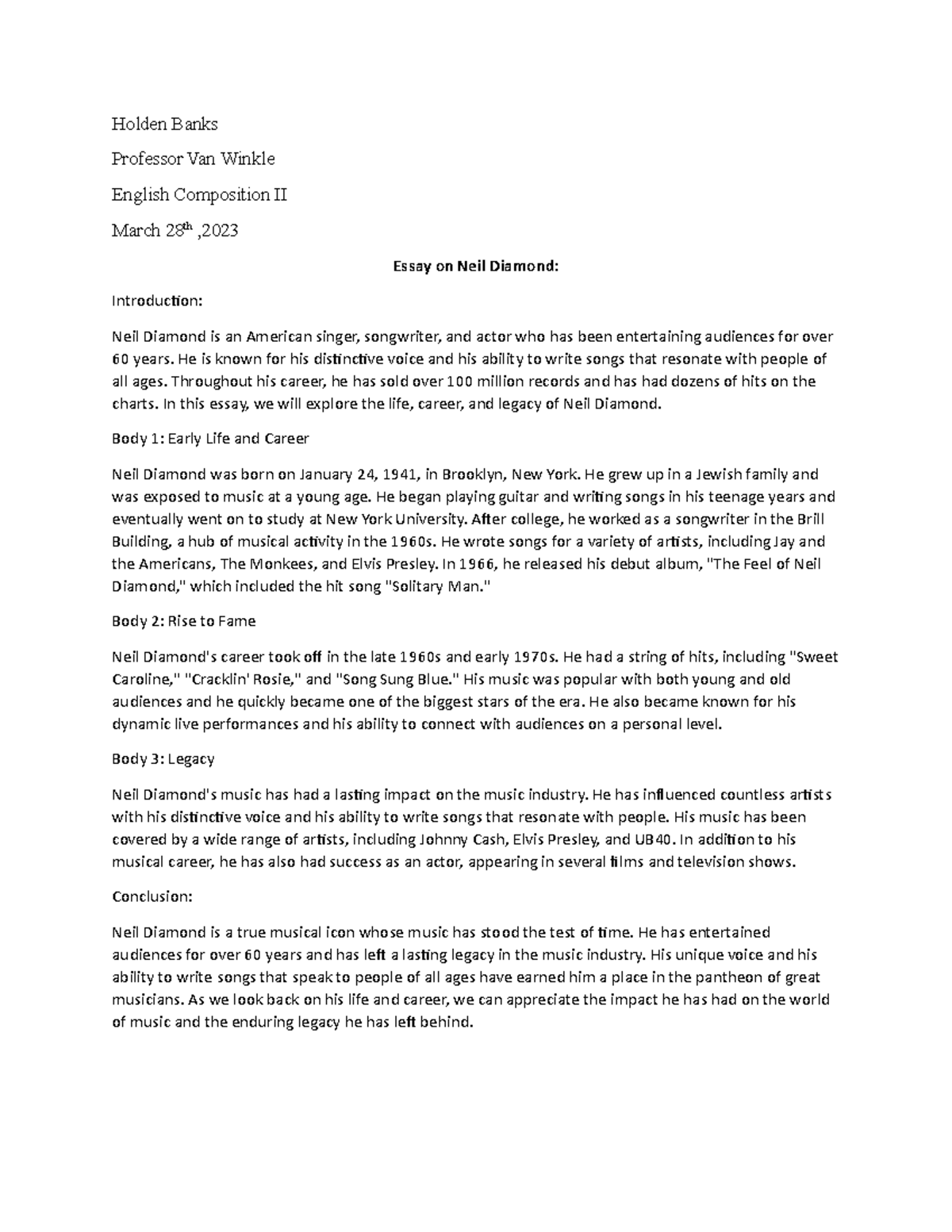 Essay on Neil Diamond and his Lifestyle - Holden Banks Professor Van ...