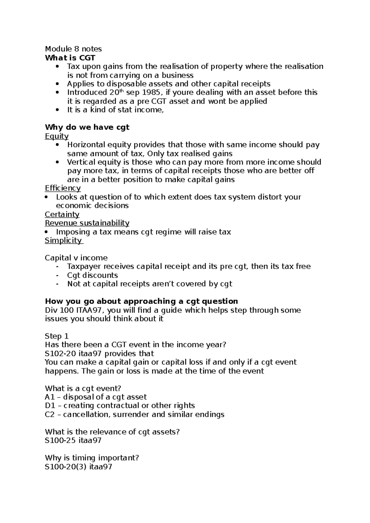 Module 8 notes - Module 8 notes What is CGT Tax upon gains from the ...