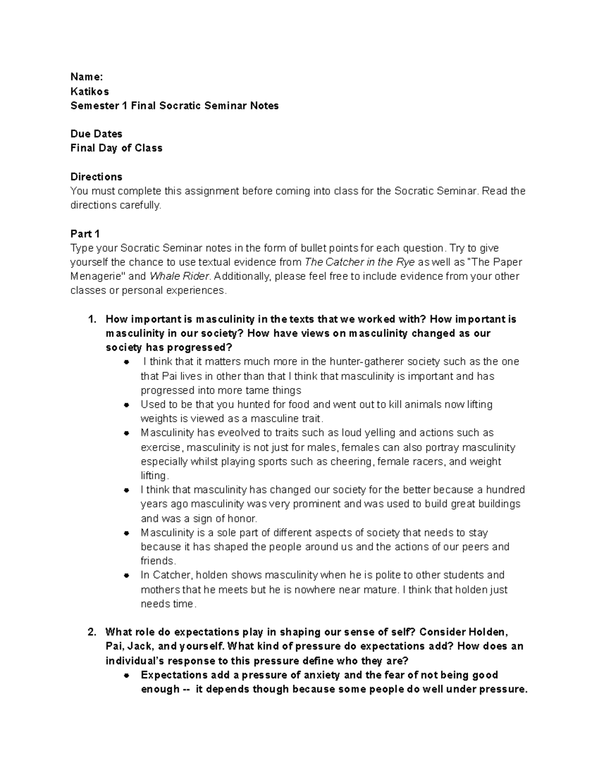 Notes - [poiu - Name: Katikos Semester 1 Final Socratic Seminar Notes ...