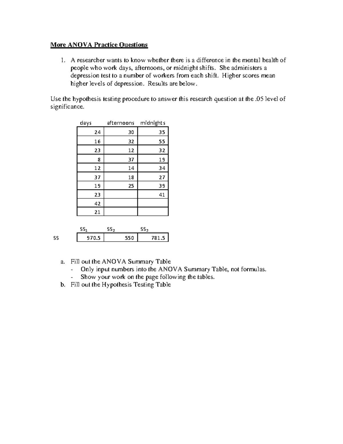 More Anova Practice - More ANOVA Practice Questions 1. A researcher ...