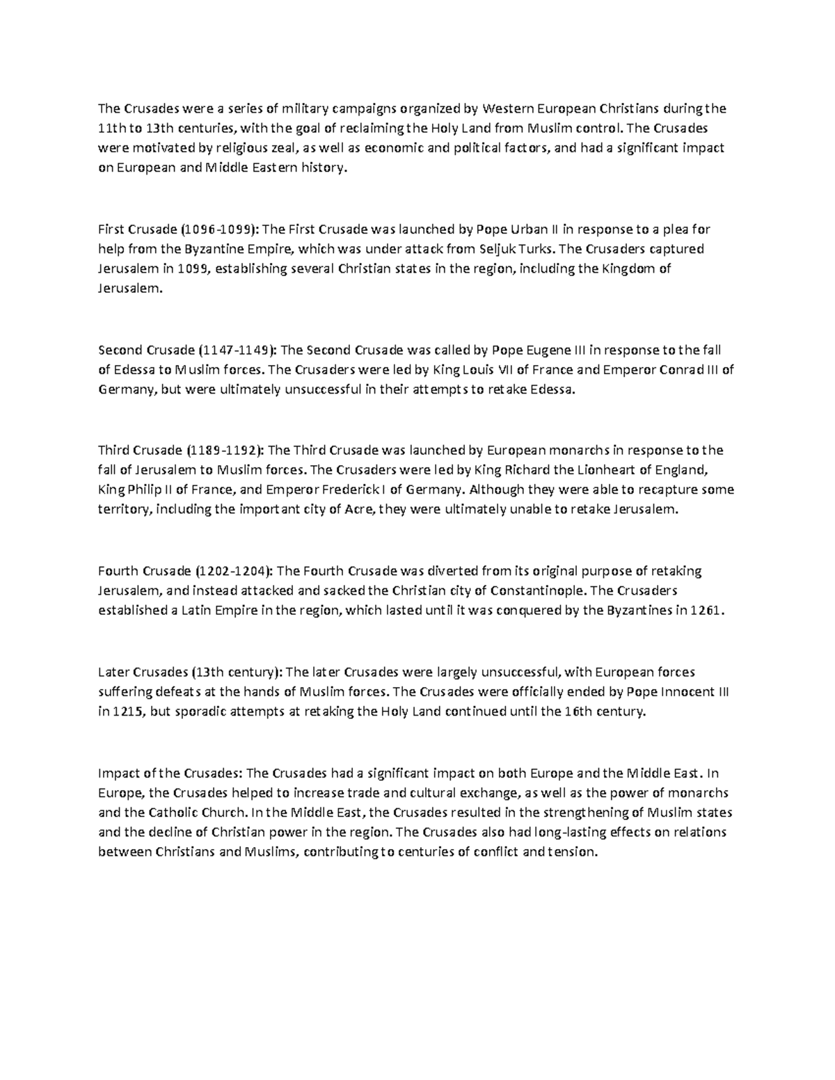 History notes - The Crusades were a series of military campaigns ...