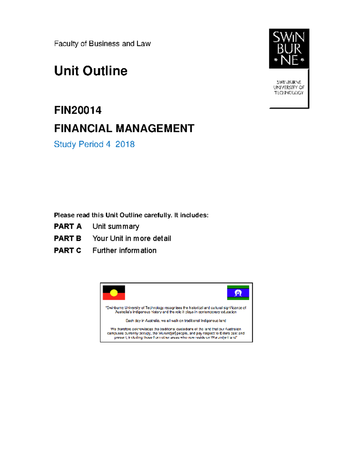 FIN2001 4+Unit+Outline+OU4+2018 - Faculty of Business and Law Unit Outline FIN20014 FINANCIAL ...