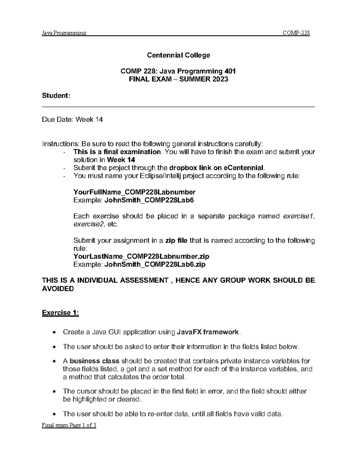 Finaljavahandson - Java - Comp228 - Centennial College - Studocu